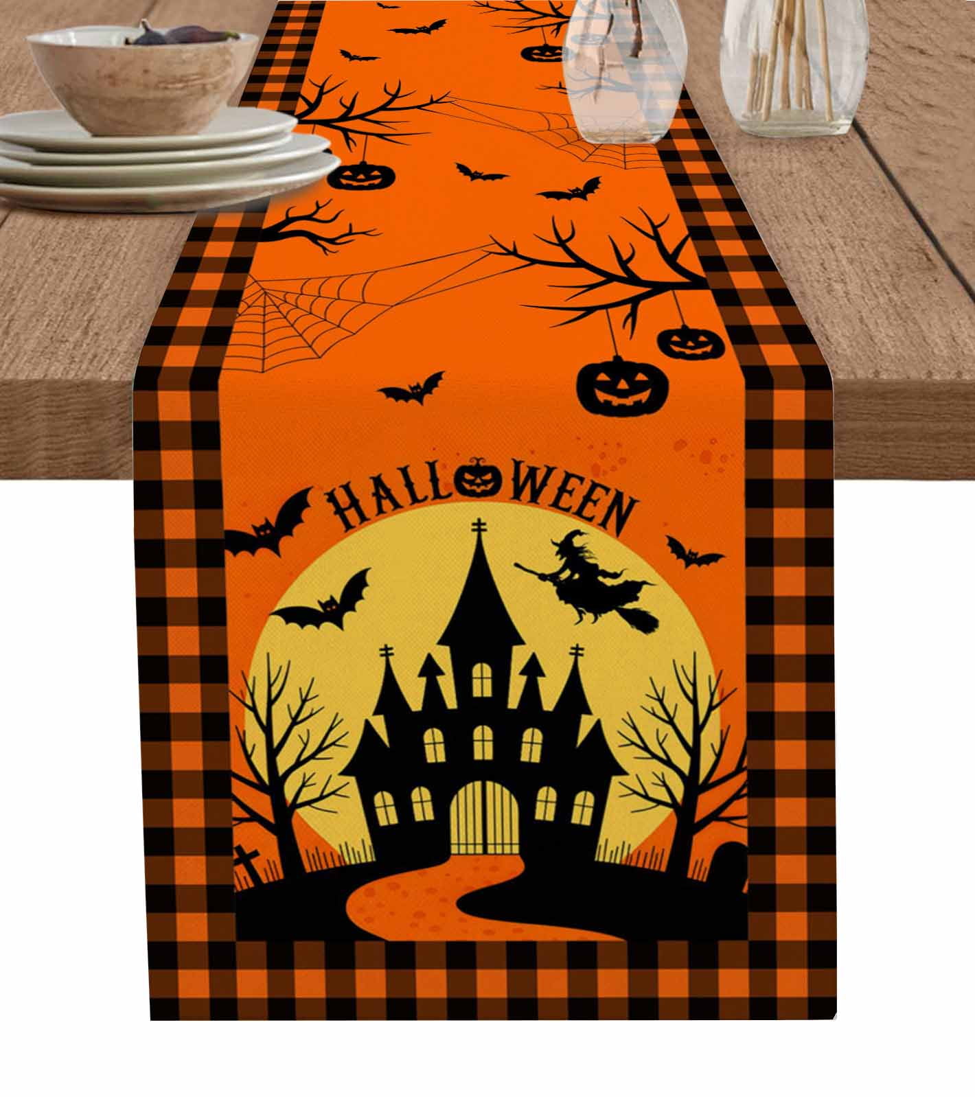 Halloween Table Runner 72 Inches, Orange Plaid Castle Pumpkin Witch Bat ...