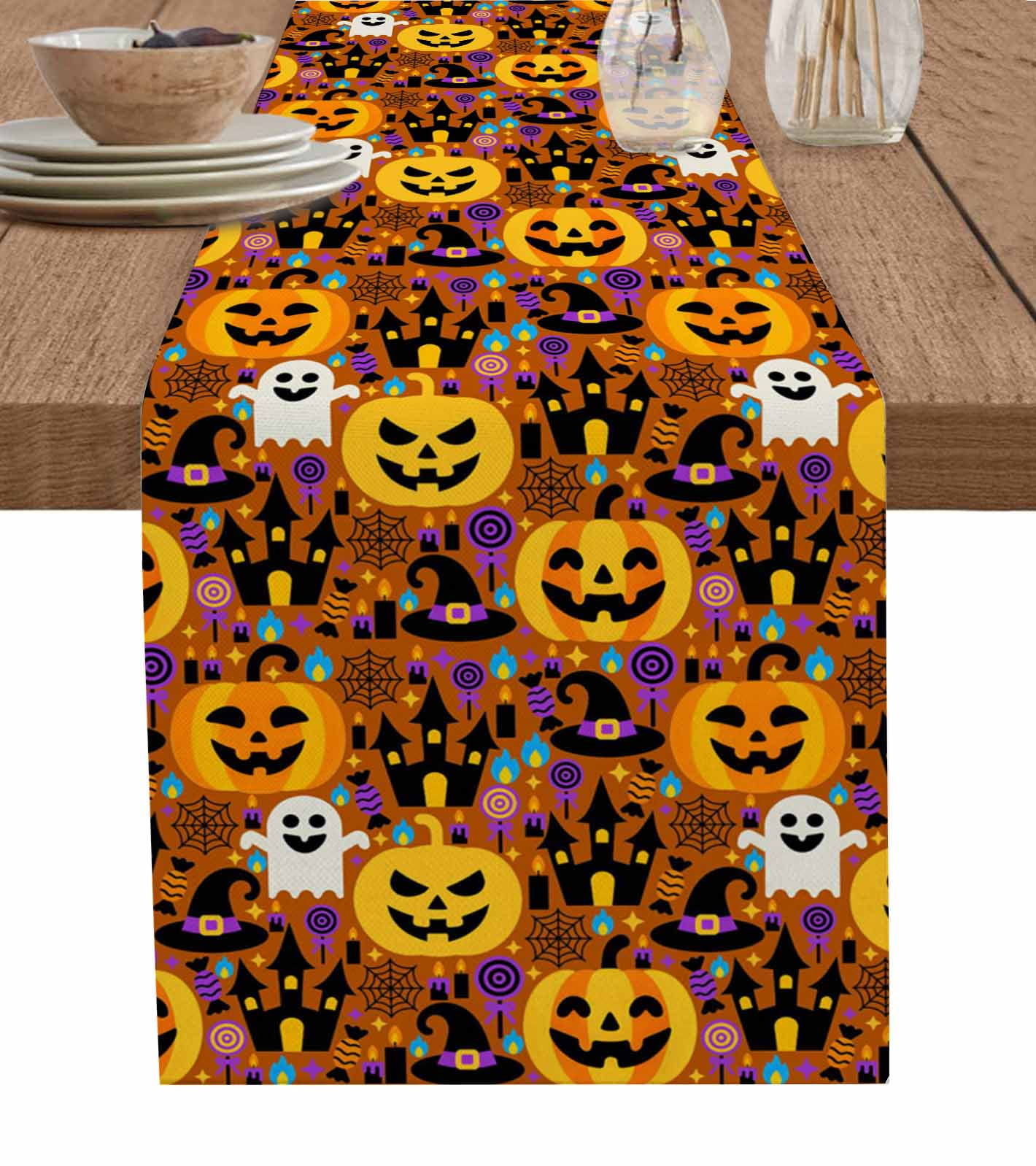 Halloween Table Runner 72 Inches, Orange Yellow Pumpkin Ghost Candy ...