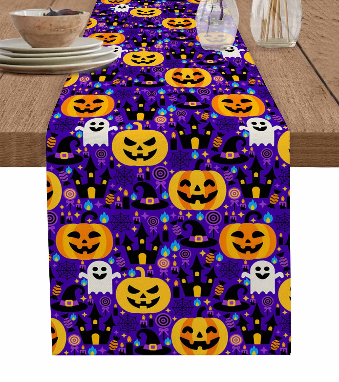 Halloween Table Runner 72 Inches, Orange Yellow Pumpkin Purple Black ...