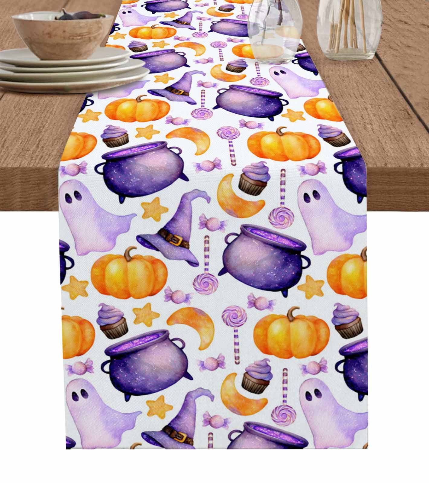 Halloween Table Runner 72 Inches, Purple Magic Hat Stars Pumpkin Candy ...