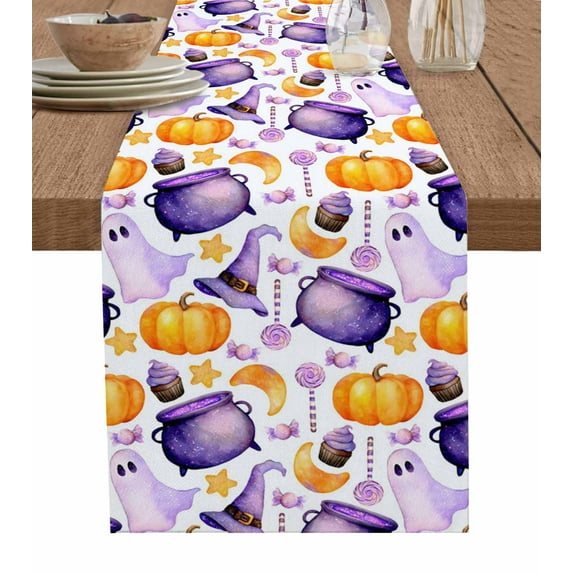 Halloween Table Runner 72 Inches, Purple Magic Hat Stars Pumpkin Candy ...
