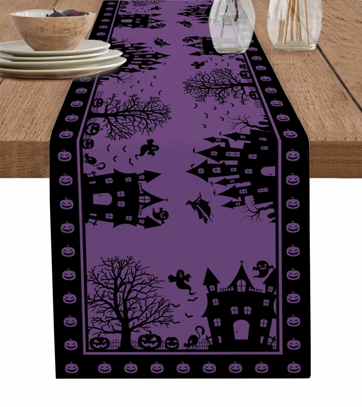 Halloween Table Runner 72 Inches, Purple Pumpkins Halloween Witch Bat ...