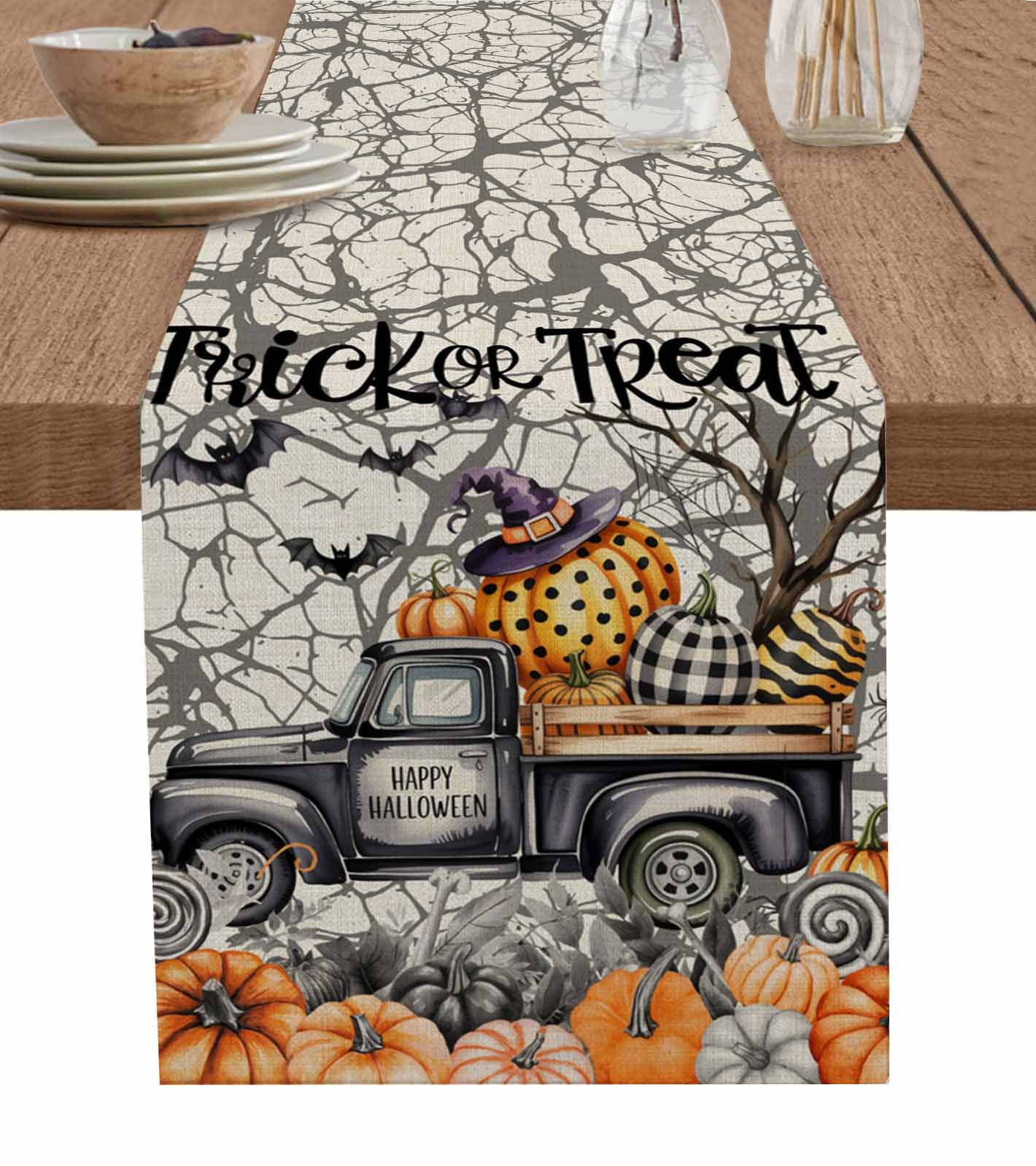 Halloween Table Runner 72 Inches, Retro Scary Pumpkin Truck Tree ...