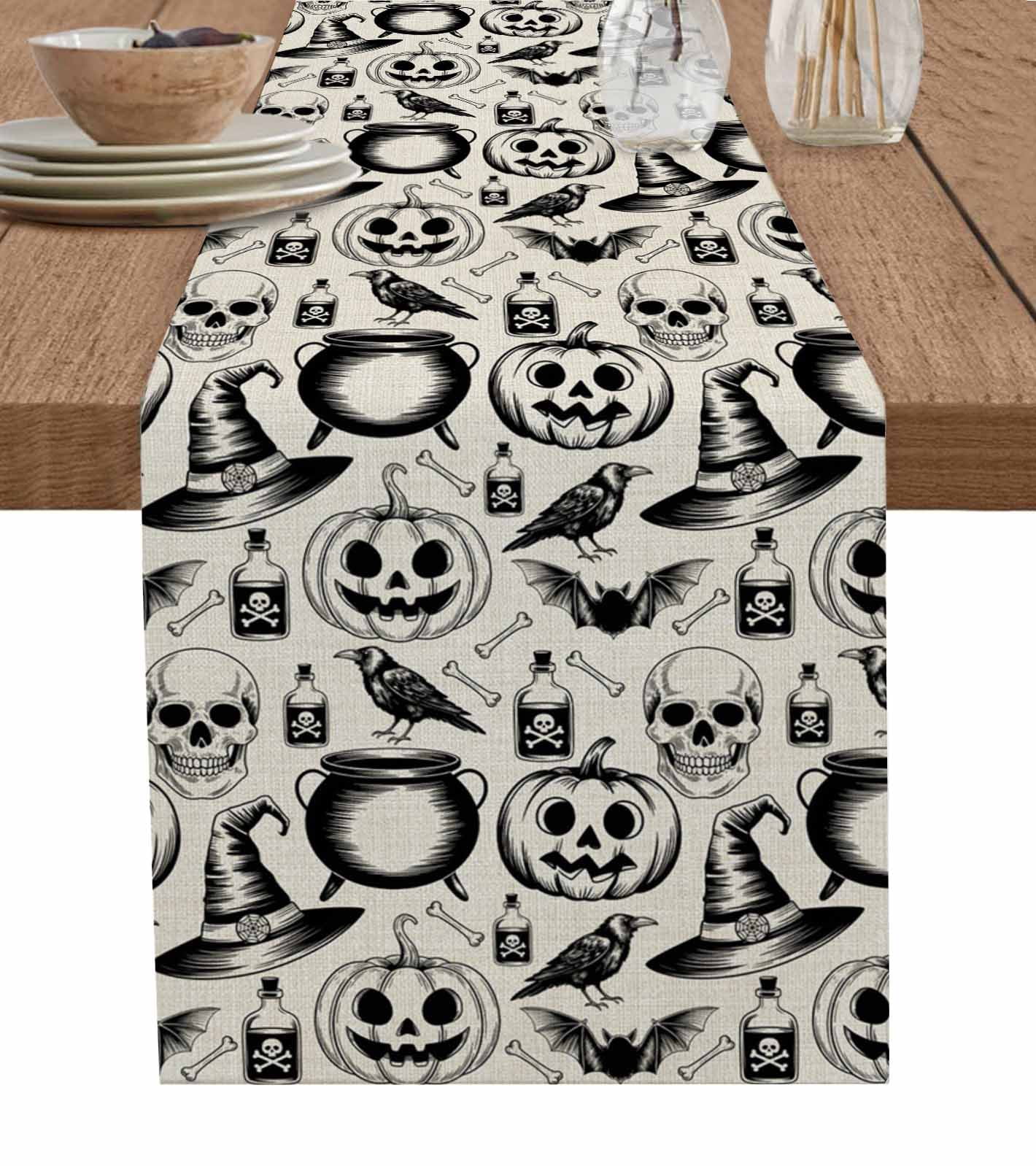 Halloween Table Runner 72 Inches, Rustic Pumpkin Horror Skull Bones Bed ...