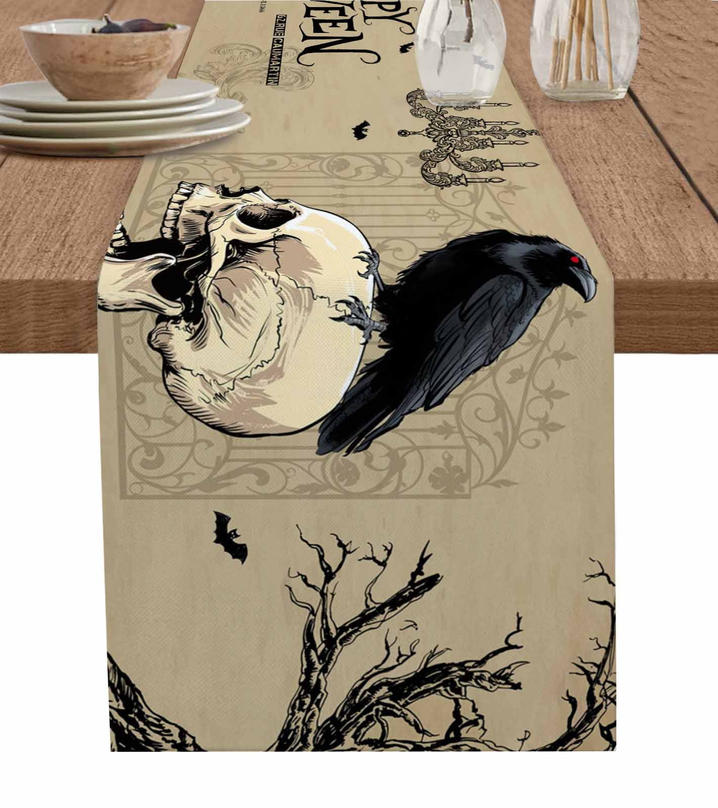 Halloween Table Runner 72 Inches, Spooky Black Crow Skull Head Tree ...
