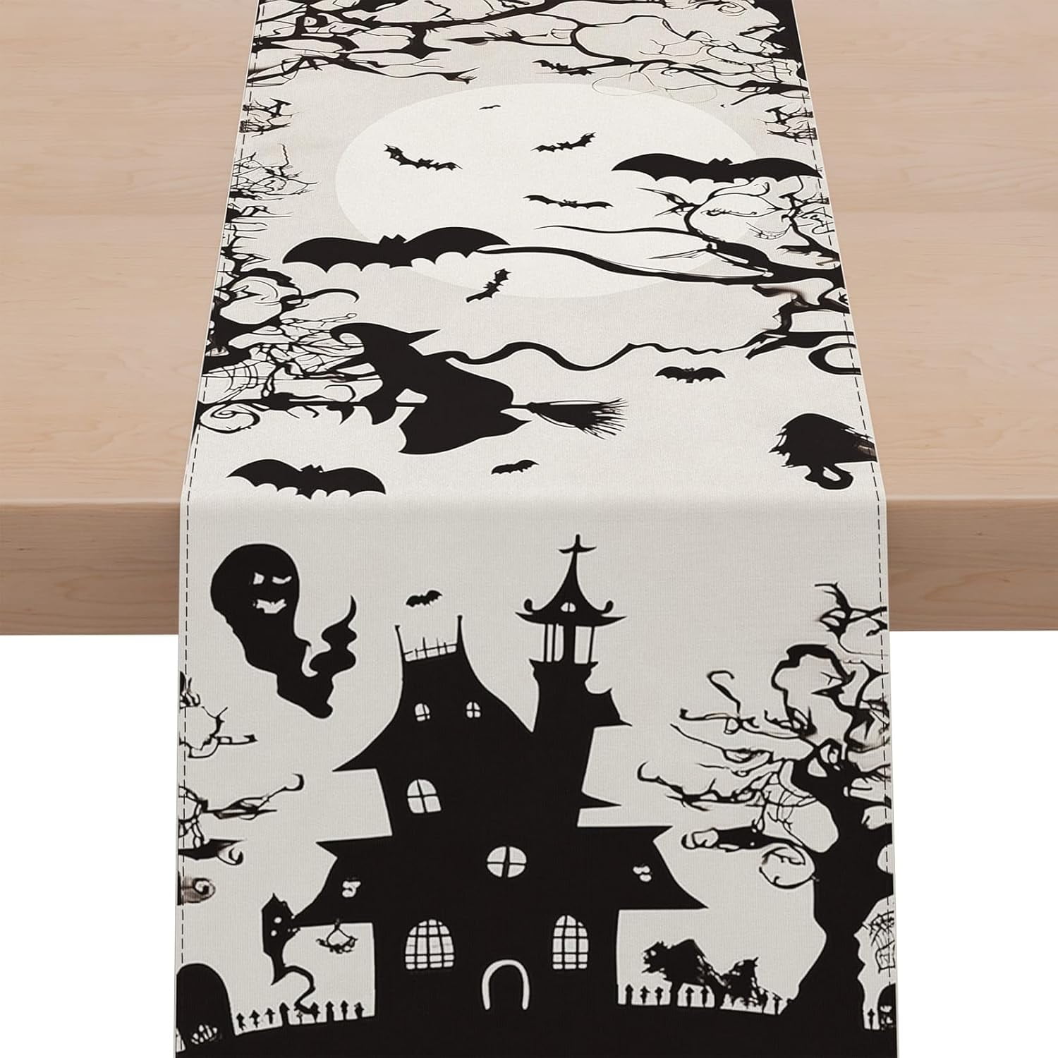 Halloween Table Runner,72 Inches Spooky Haunted House Bats Tree Ghost ...