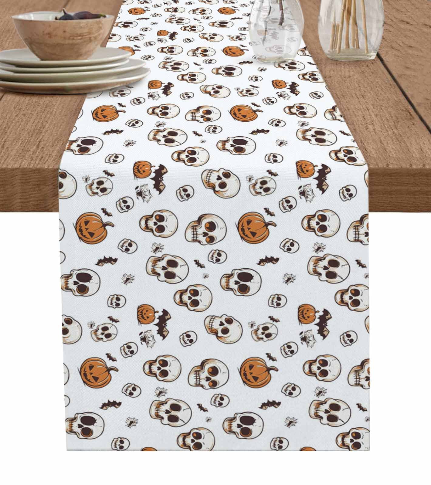 Halloween Table Runner 72 Inches, White Horror Skull Pumpkins Bats Bed ...