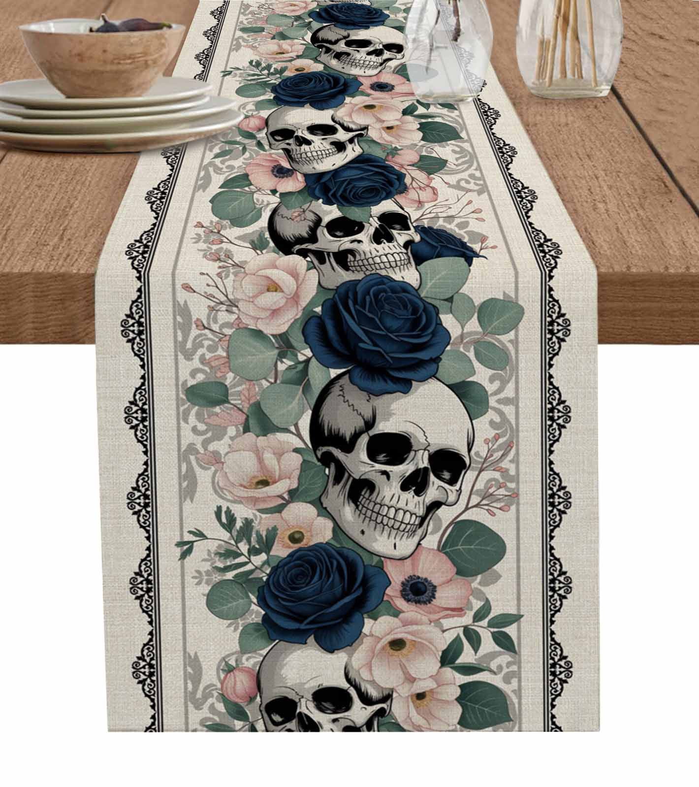 Halloween Table Runner 90 Inches, Boho Vintage Horror Skull Flower Leaf ...