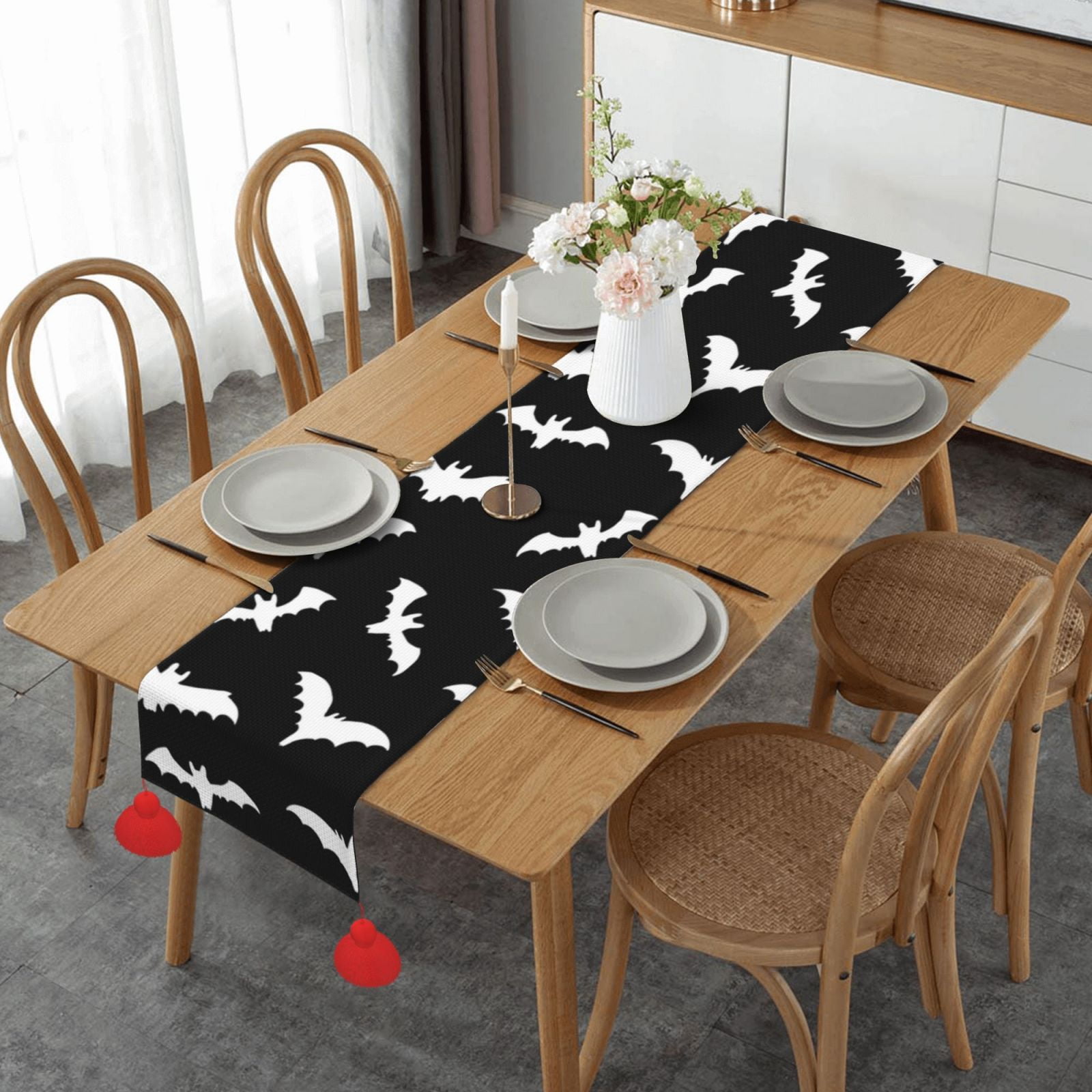 Halloween Table Runner - Bat halloween doodle cool black Table Runner ...