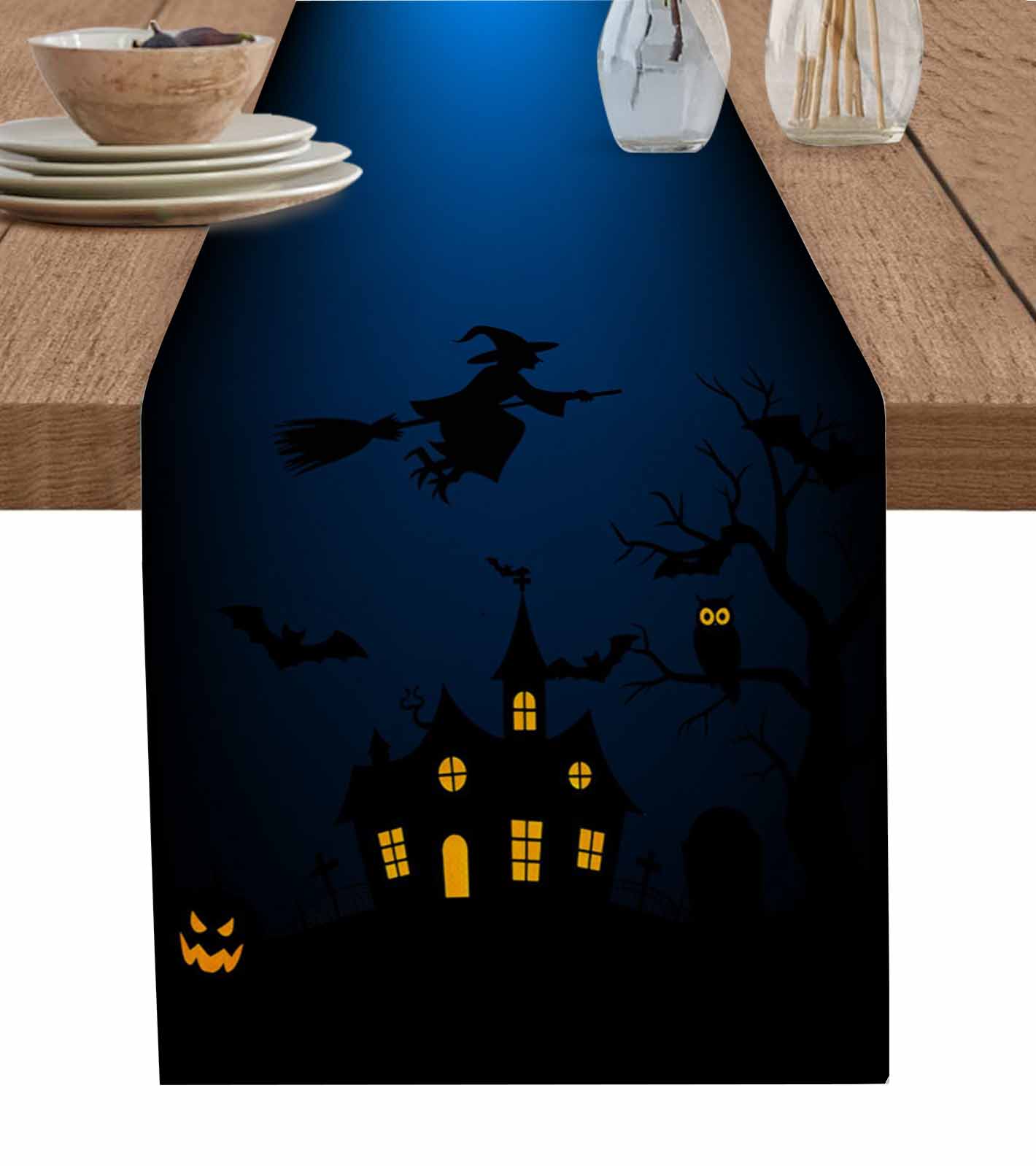 Halloween Table Runner Castle Pumpkin Witch Bat Blue Black Tablerunners ...