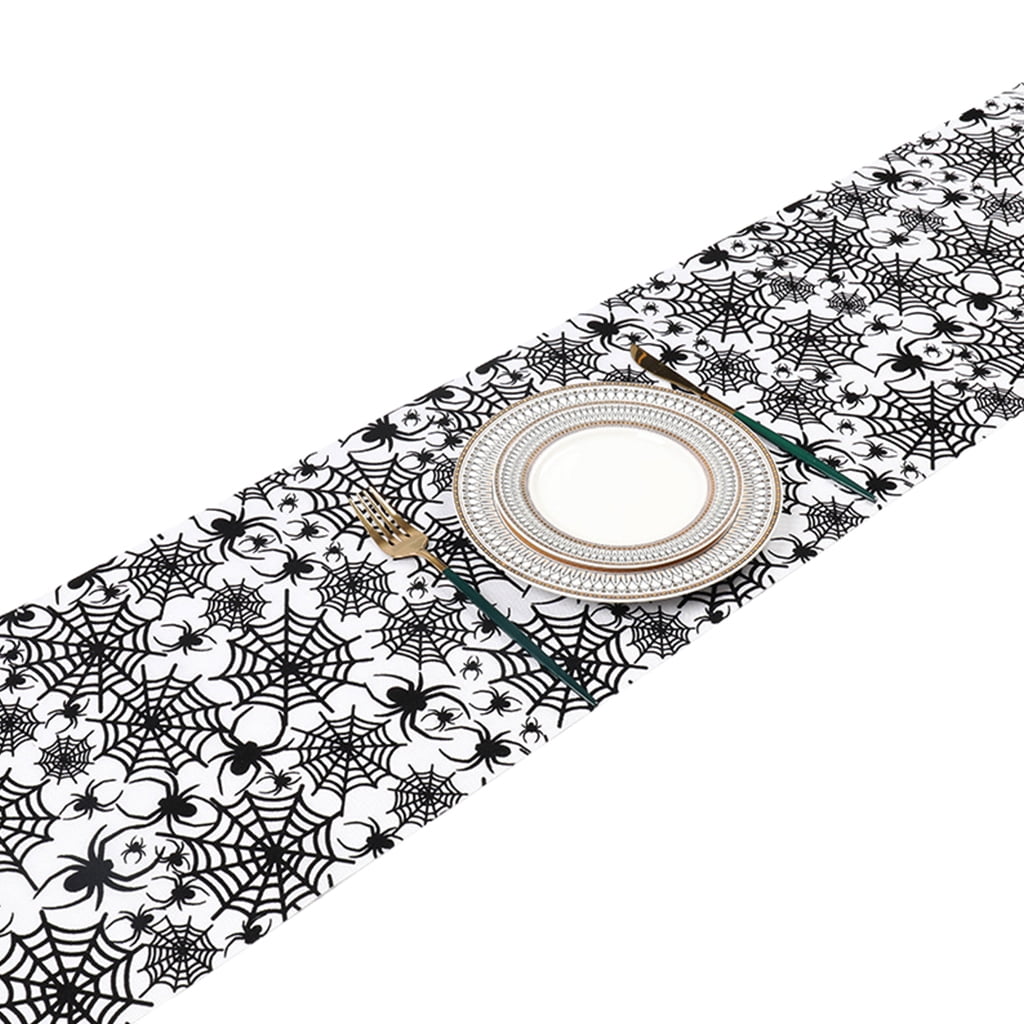 Halloween Table Runner Flag Spooky Spider Web Bat Flocking Tablecloth ...