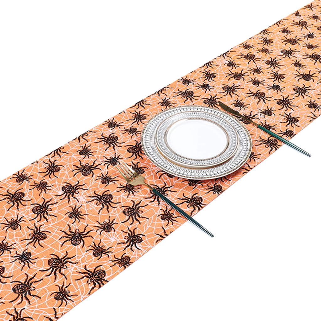 Halloween Table Runner Flag Spooky Spider Web Bat Flocking Tablecloth ...