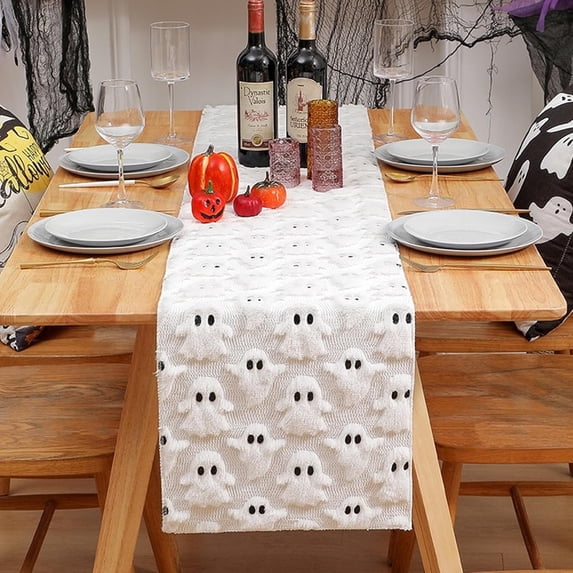 Halloween Table Runner, Halloween Kitchen Decor with 3D Plush Ghost ...