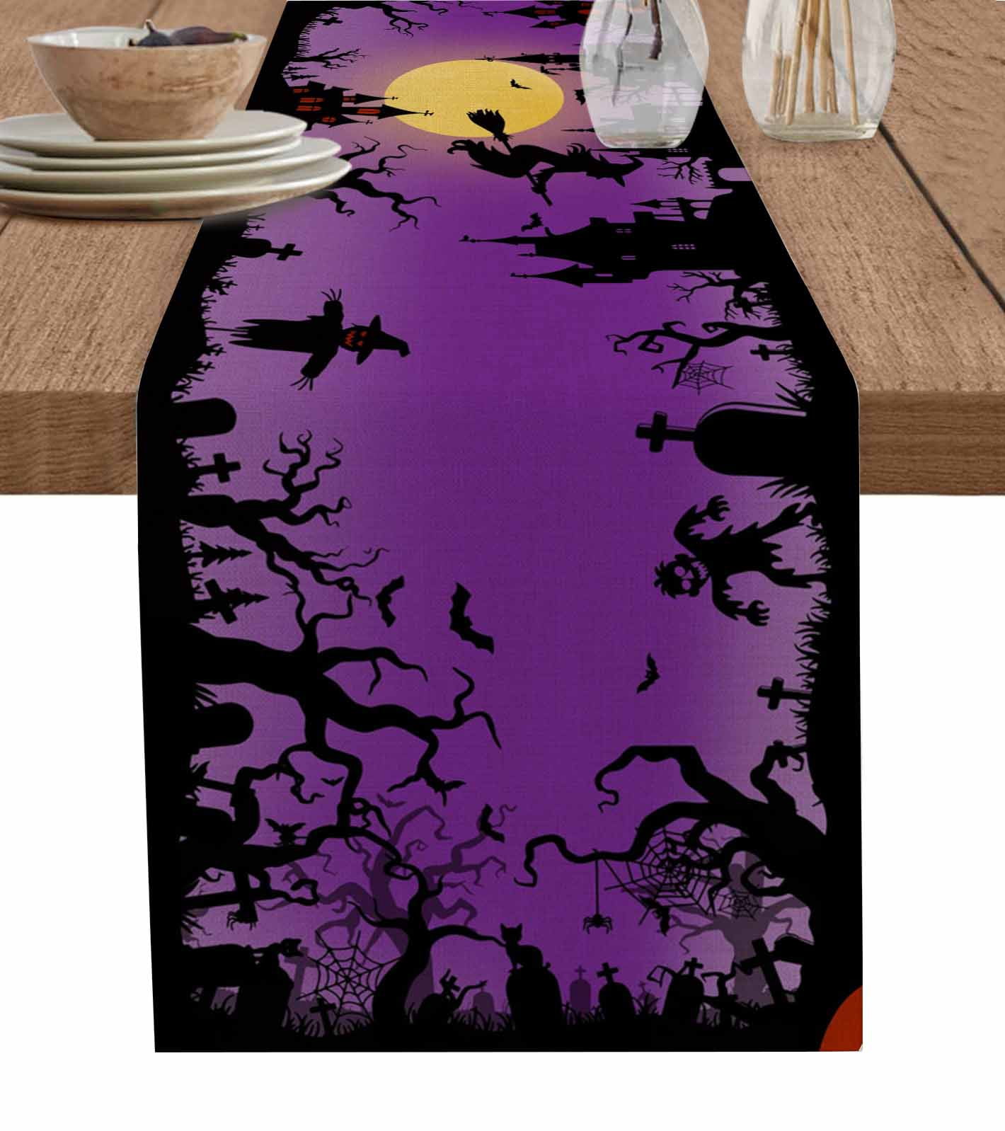 Halloween Table Runner Modern Castle Witch Forest Moon Purple ...
