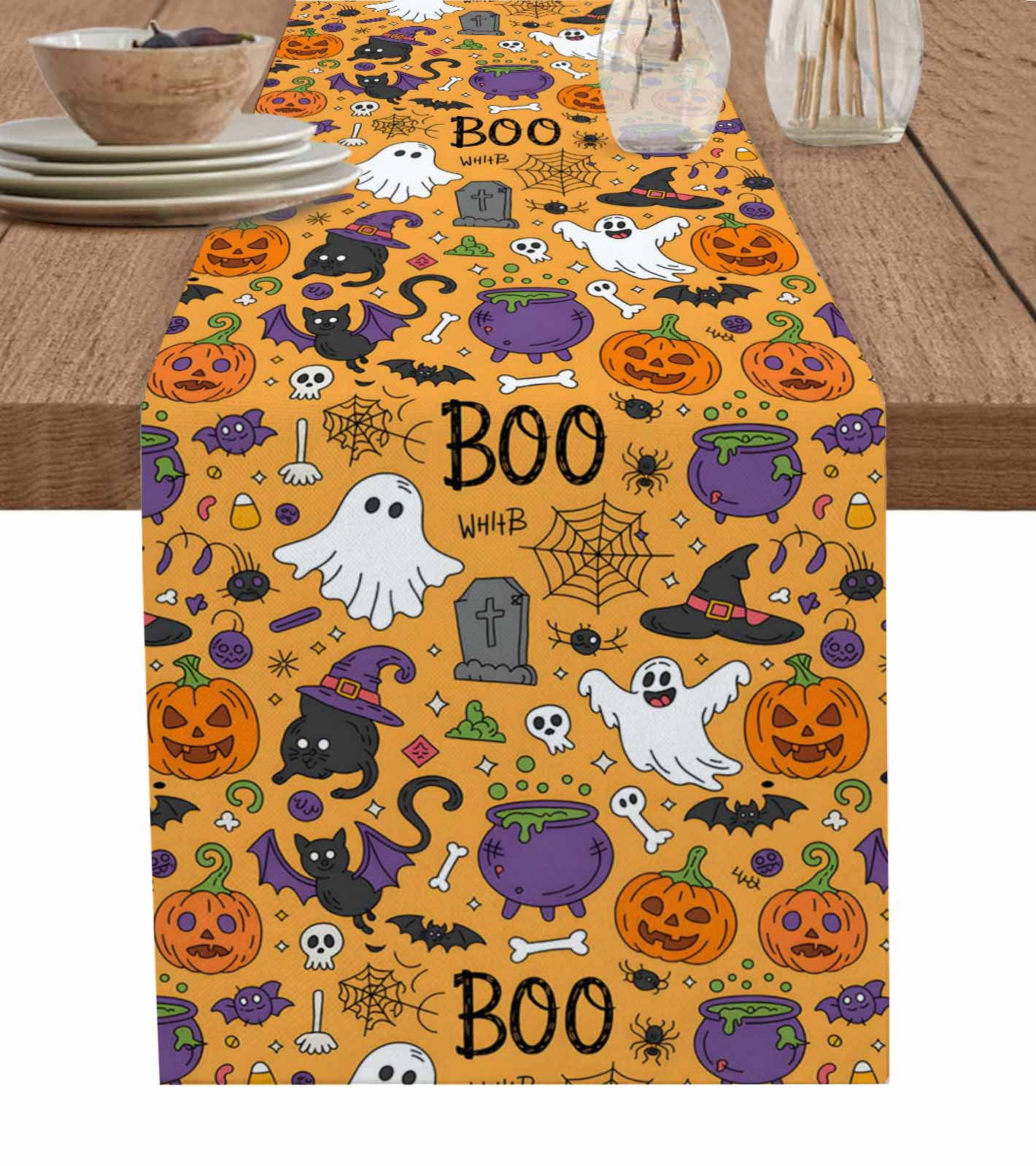 Halloween Table Runner Orange Cartoon Pumpkin Cat Star Bat Country ...