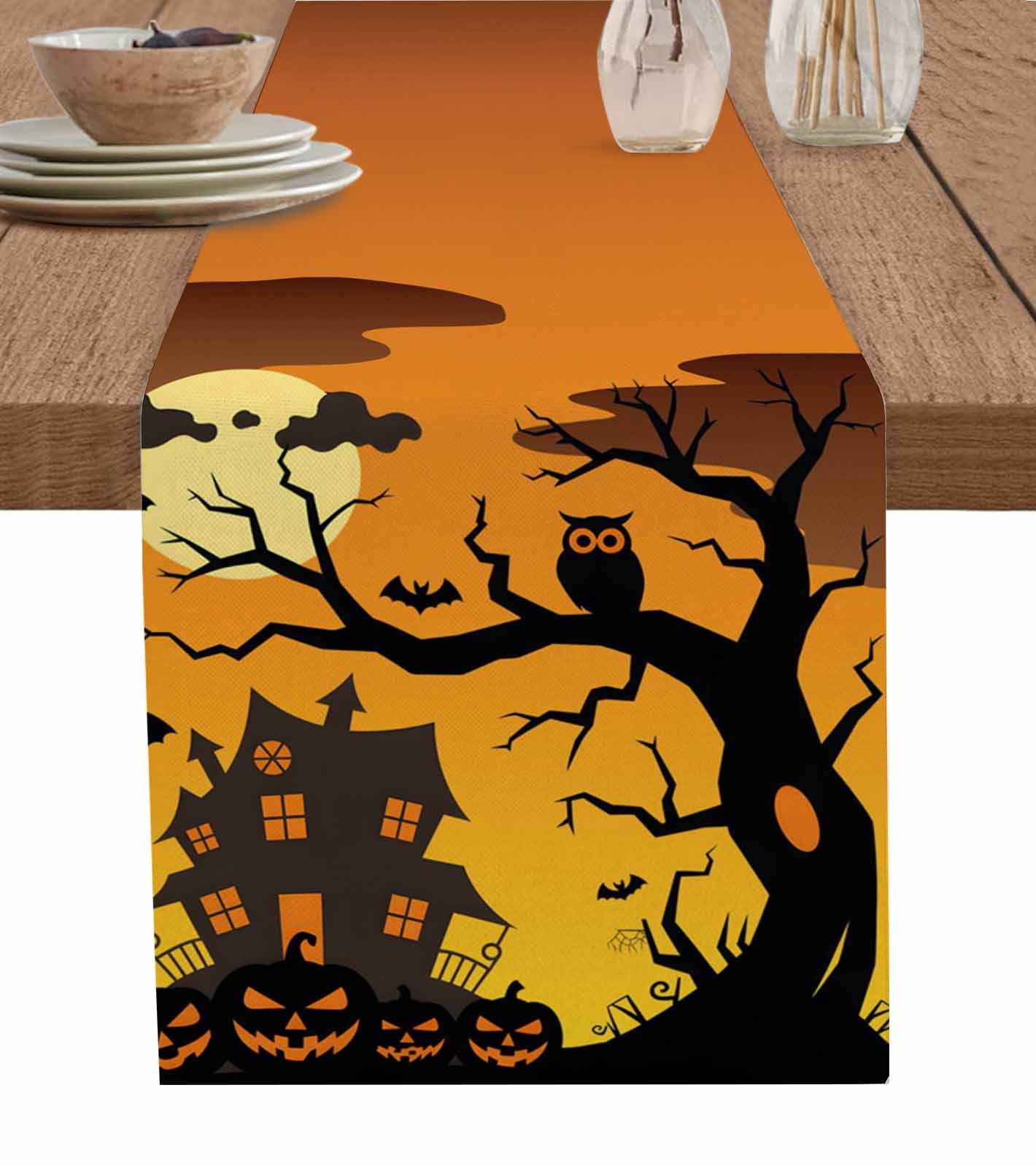 Halloween Table Runner Pumpkin Castle Owl Moon Tree Orange Tablerunners ...