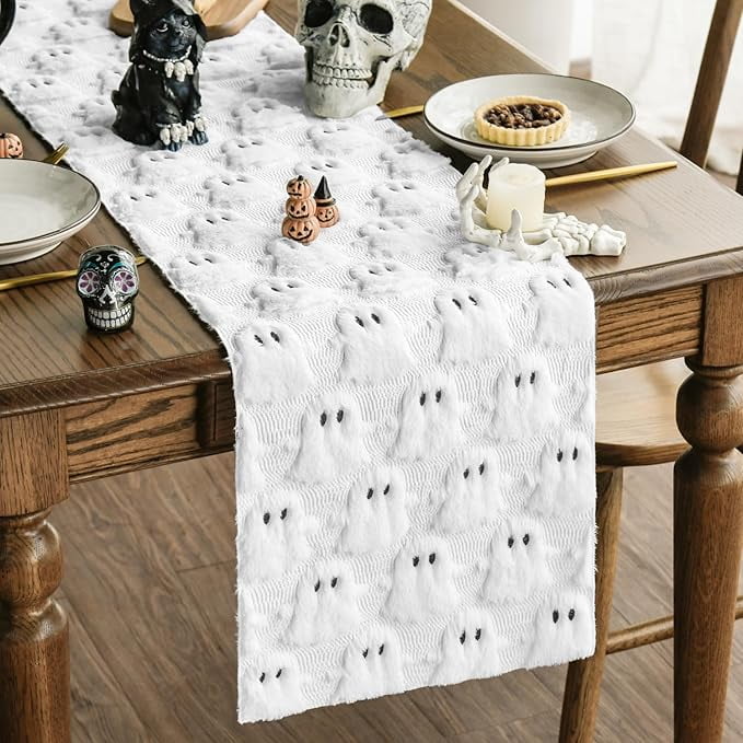 Halloween Table Runner - Soft Plush Faux Fur Jacquard Cute Ghost ...