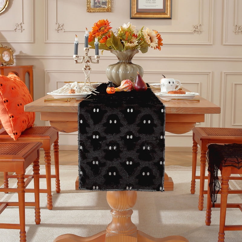 Halloween Table Runner, Spooky Ghost Embroidered Plush Faux Fur Table ...