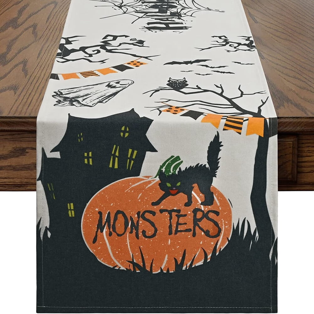 Halloween Table Runners, Rustic Haunted House Pumpkin Table Runner with ...