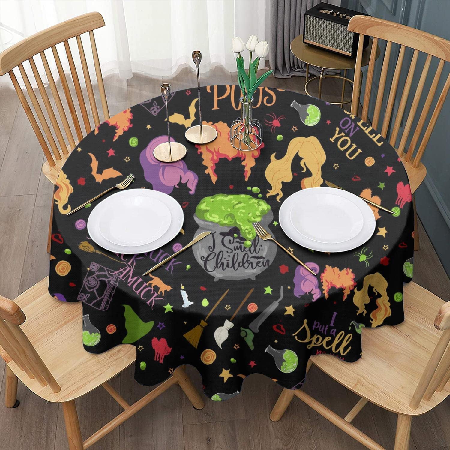 Halloween Tablecloth 60 Inch Round, Sanderson Witches Broom Washable ...