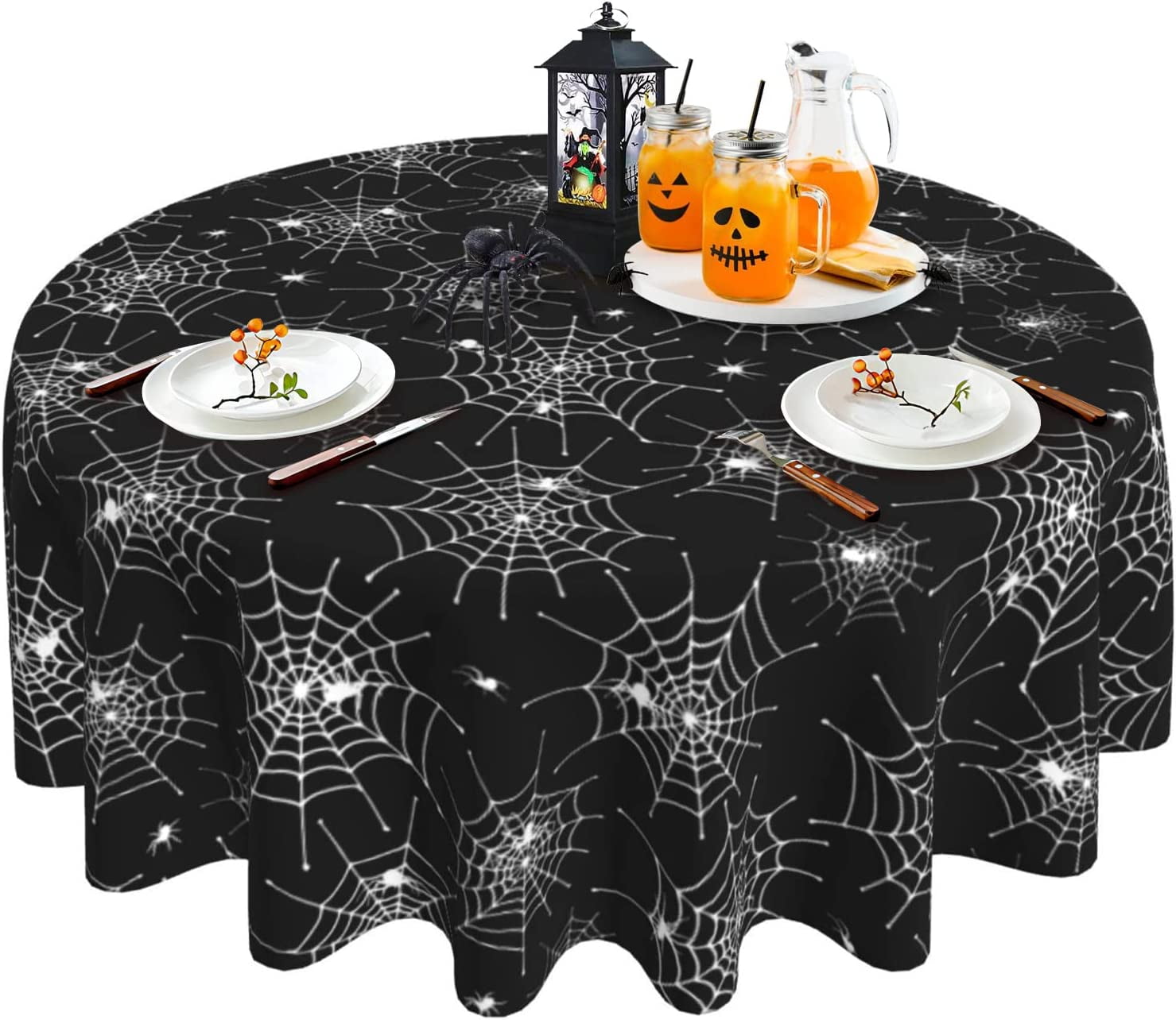 Halloween Tablecloth, Fall Black Round Tablecloth 70 Inch, White Spider ...