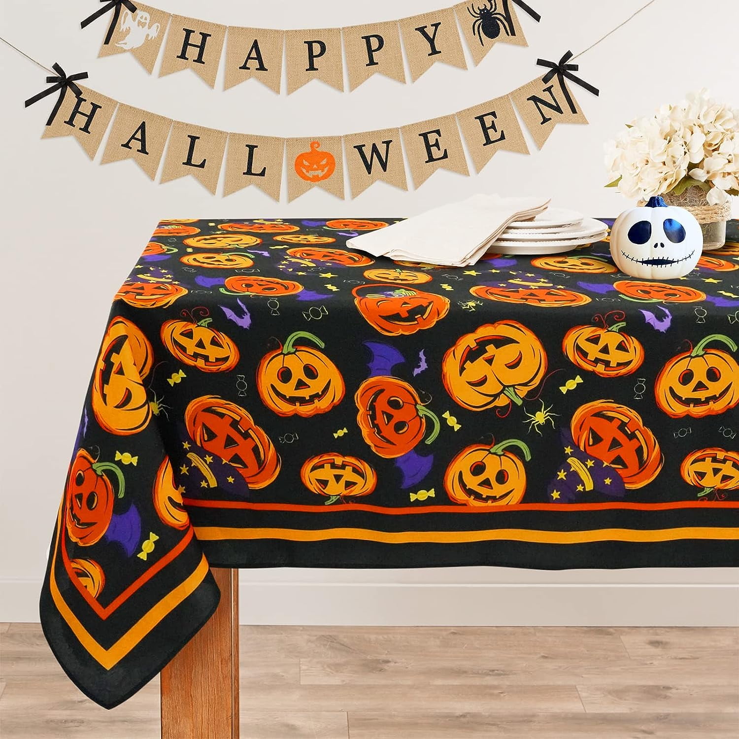 Halloween Tablecloth, Pumpkin Bat Spider and Candy Table Cloth ...