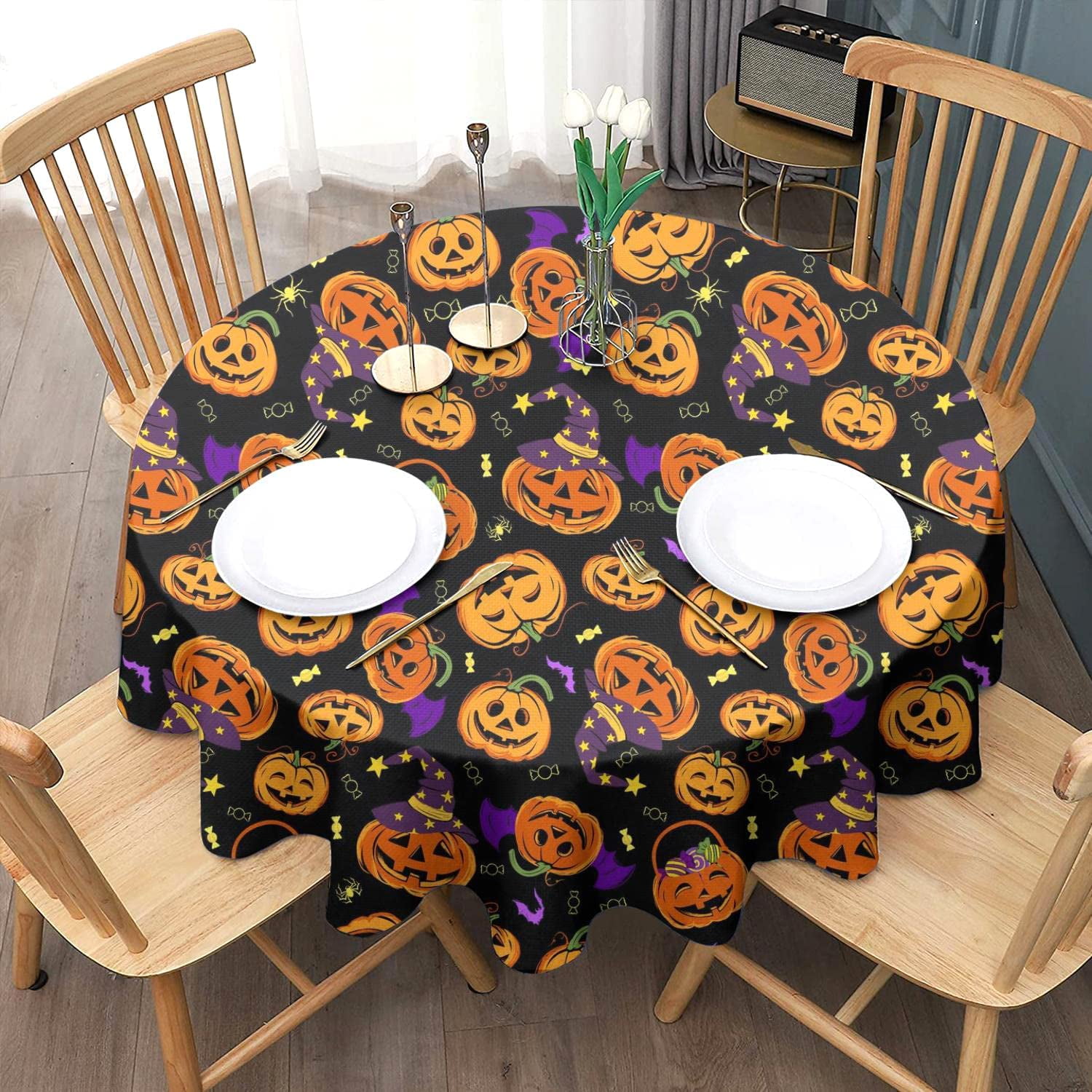 Halloween Tablecloth, Pumpkin Bat Spider and Candy Table Cloth ...
