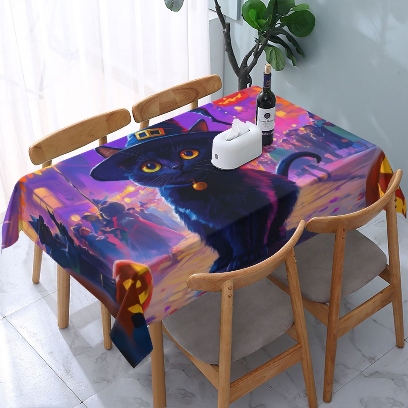Halloween Tablecloth Rectangle Table, Halloween Cute Black Cat Witch ...