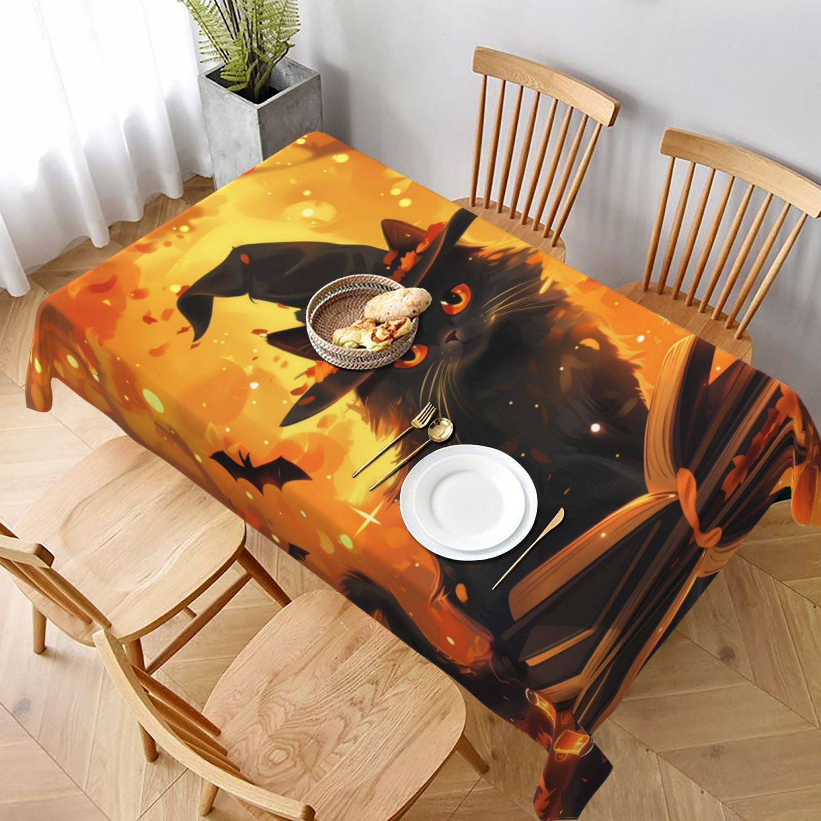 Halloween Tablecloth Rectangle Table, Halloween Witch Hat Black Cat Bat ...