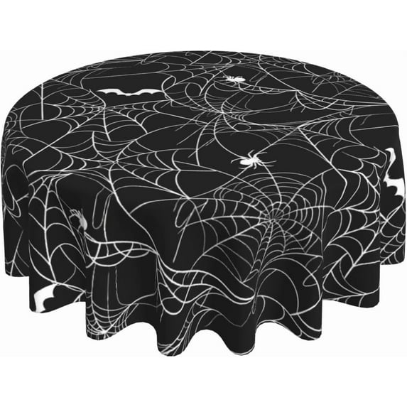 Halloween Tablecloth Round 60 x 60 Inch Black White Bats Spider Web ...