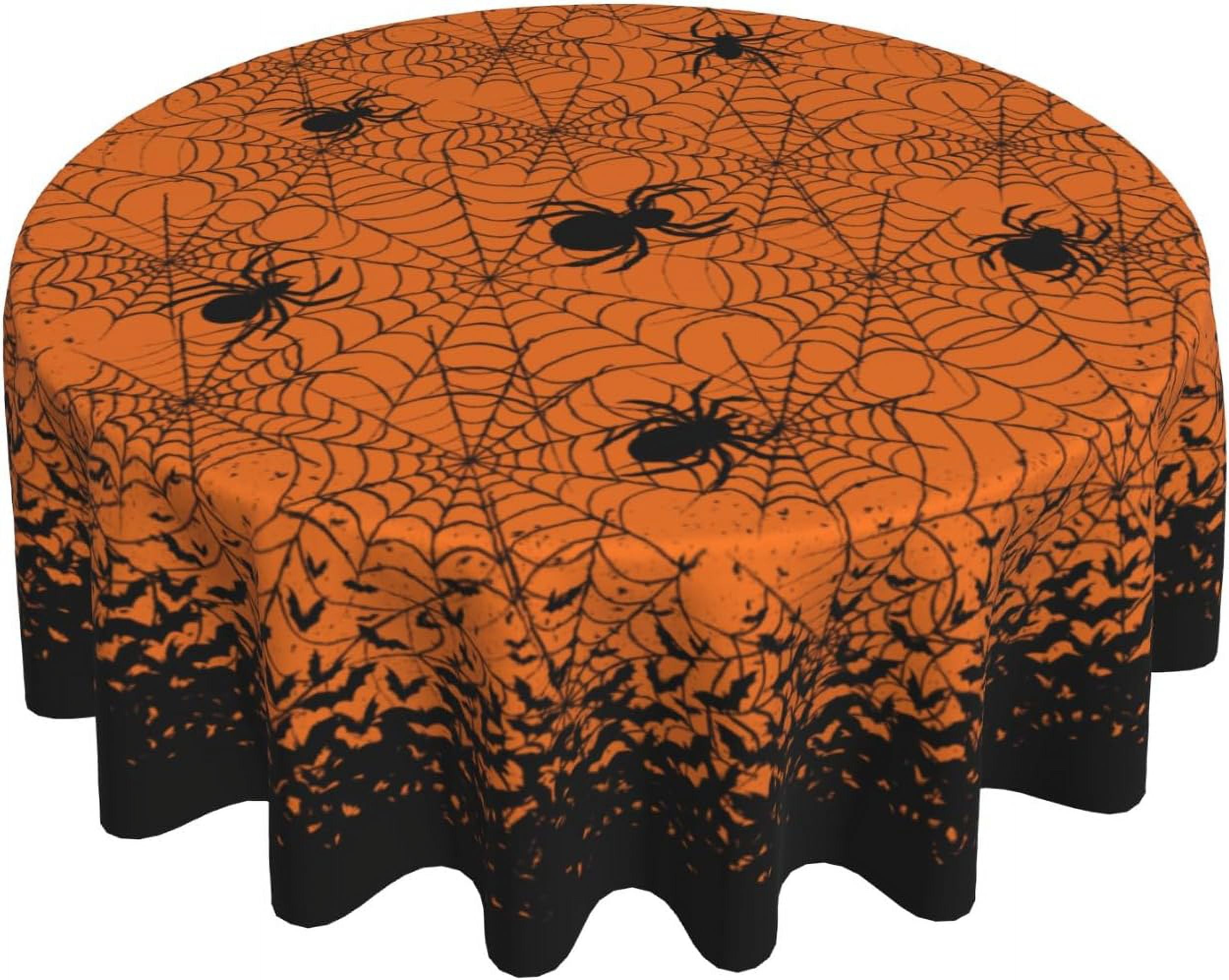 Halloween Tablecloth Round, Black Orange Spiderweb Spider Bat Pattern ...