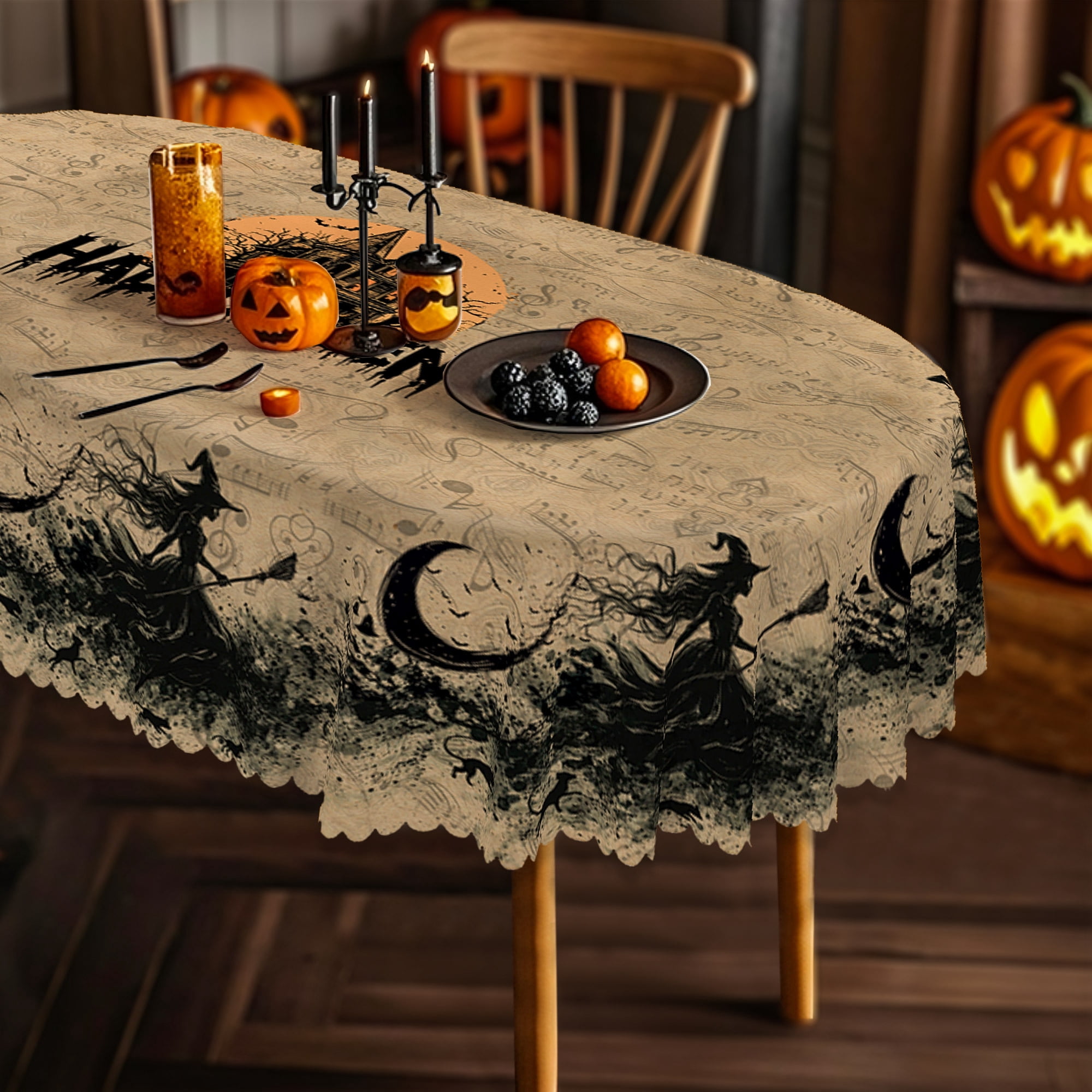 Halloween Tablecloth - Spooky Witch, Bats, Black Cats - Easy-Clean ...