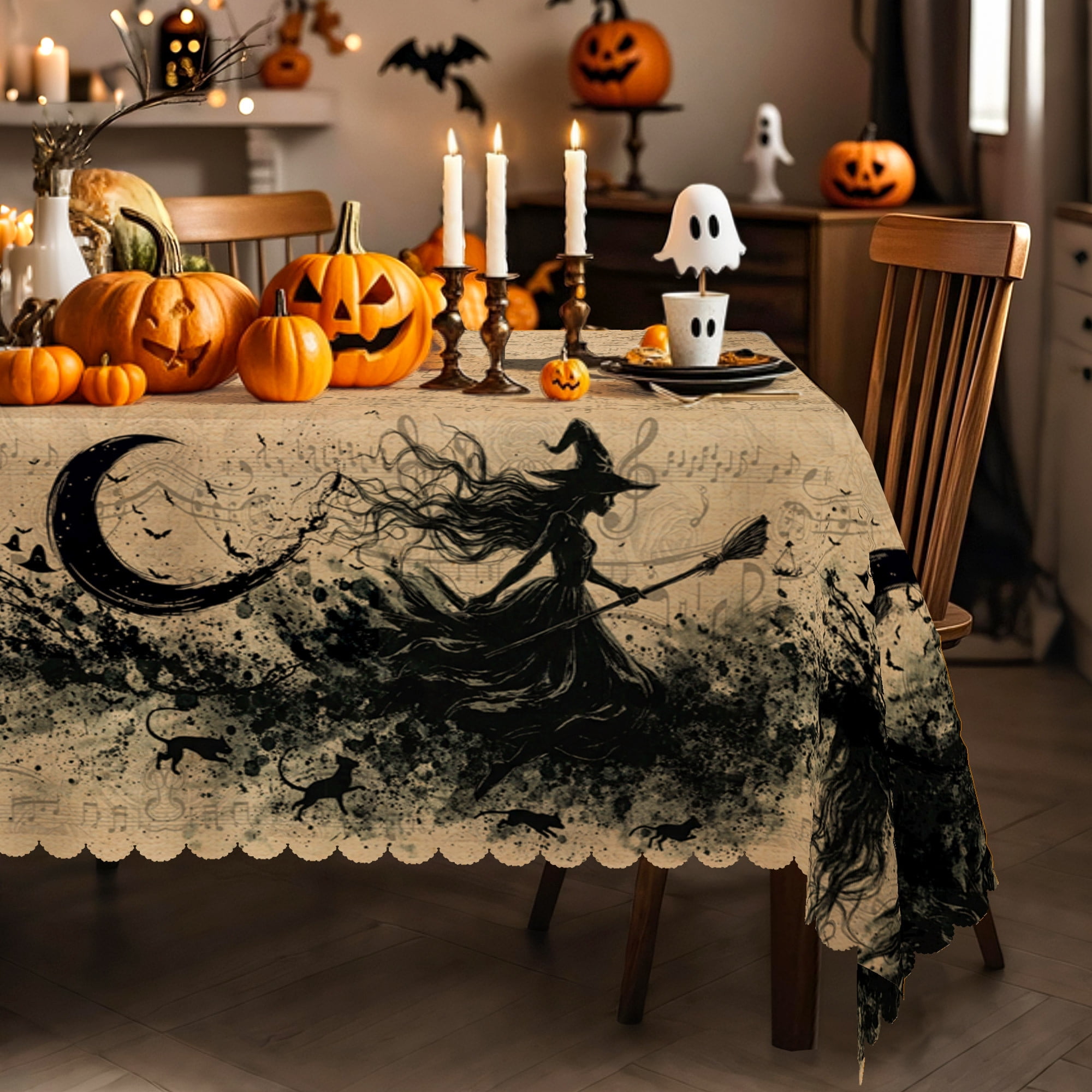 Halloween Tablecloth - Spooky Witch, Bats, Black Cats - Easy-Clean ...