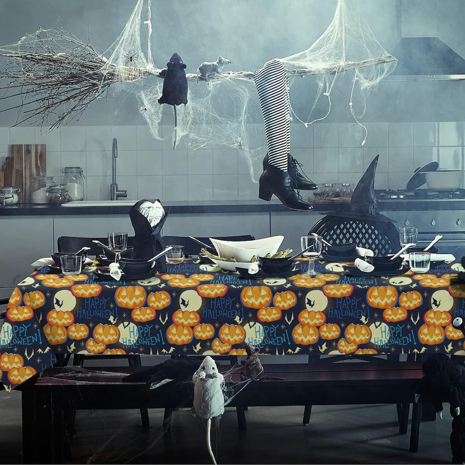 Halloween Tablecloth, Halloween Table Cloth with Pumpkin Spider Web Bat ...