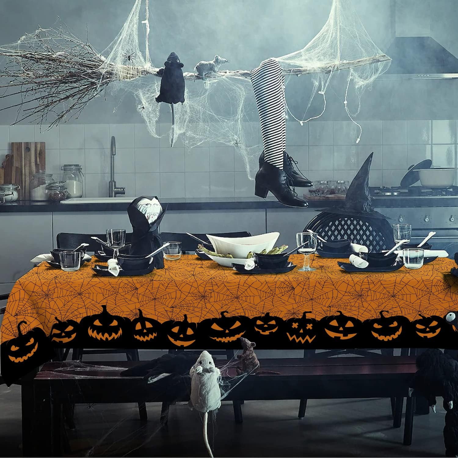 Halloween Tablecloth, Halloween Table Cloth with Pumpkin Spider Web Bat ...