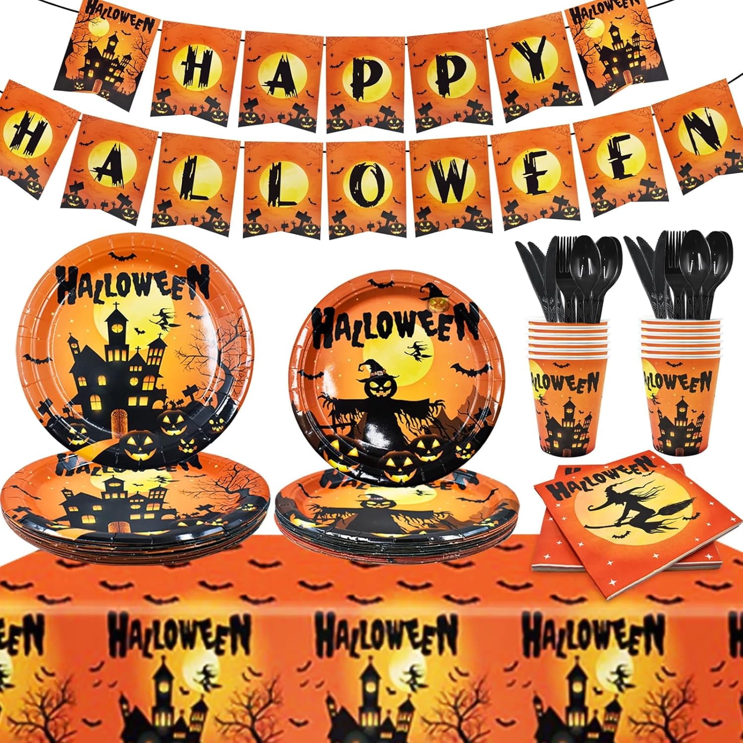 Halloween Party Supplies Decoration Tableware Set,114 Pcs Includes ...
