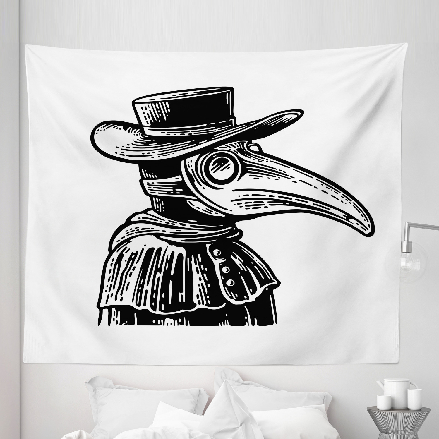Halloween Tapestry, Horror Art Plague Doctor Character in Monochrome ...