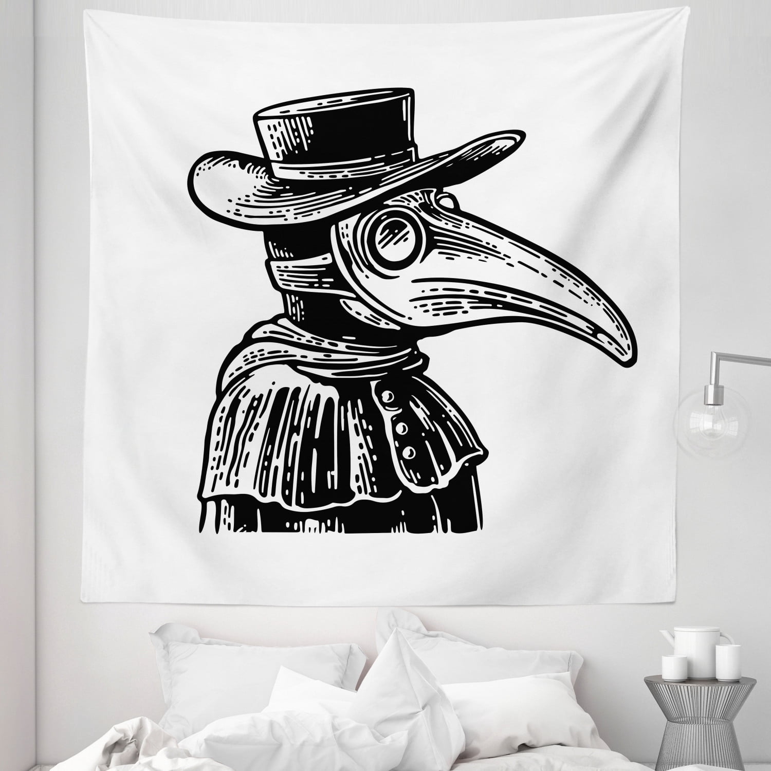 Halloween Tapestry, Horror Art Plague Doctor Character in Monochrome ...
