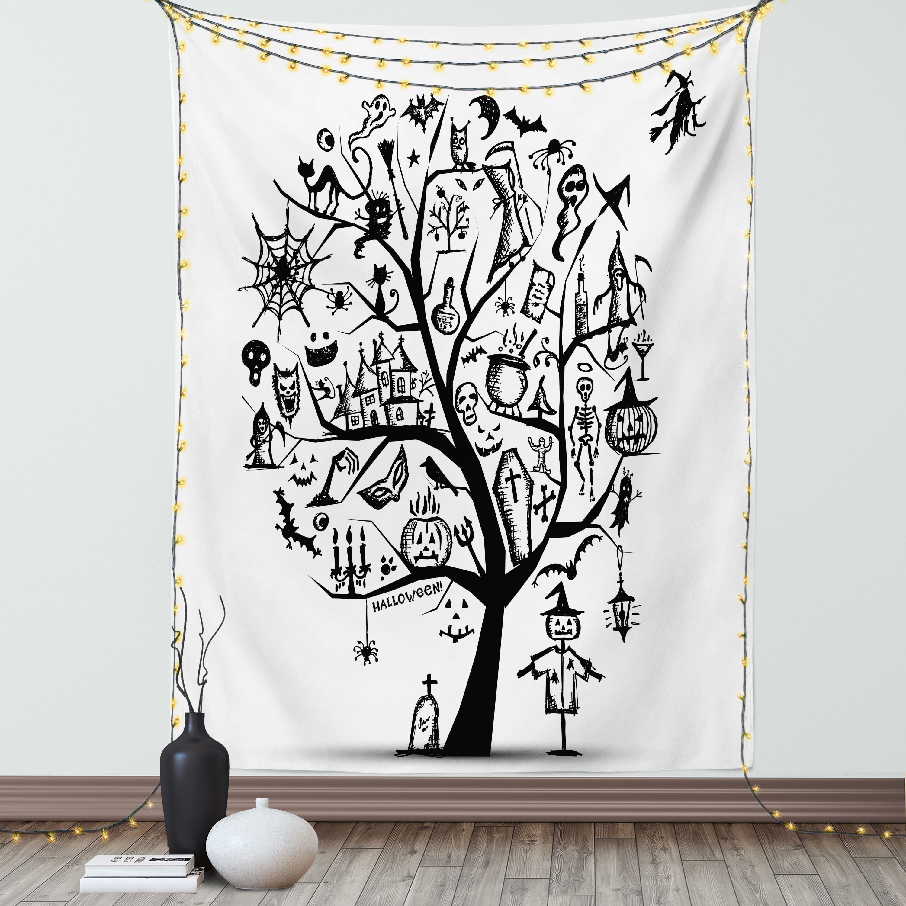 Halloween Tapestry, Sketchy Spooky Tree with Spooky Design Objects and ...