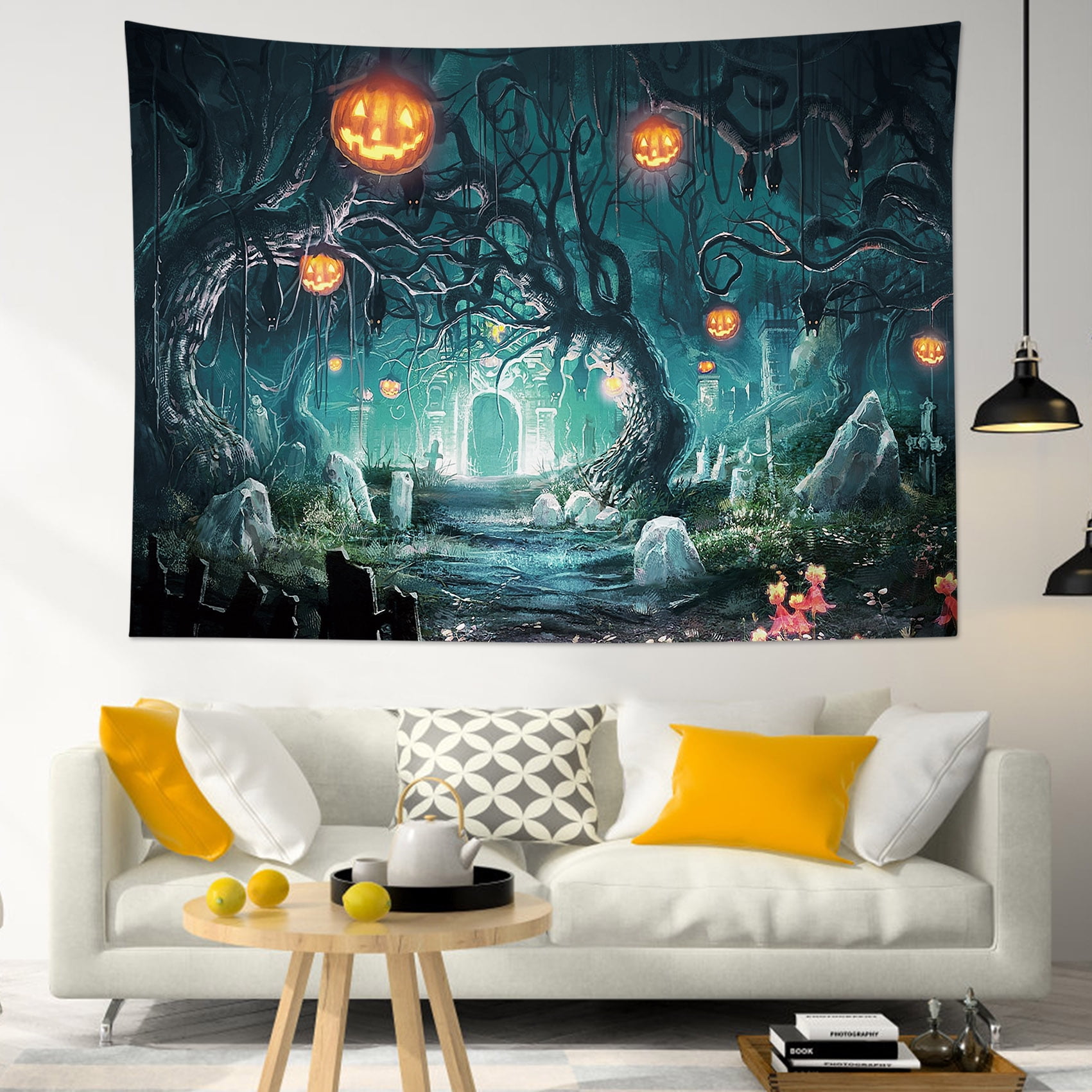 Halloween Tapestry Wall Hanging Creepy Graveyard and Castle in Teal ...