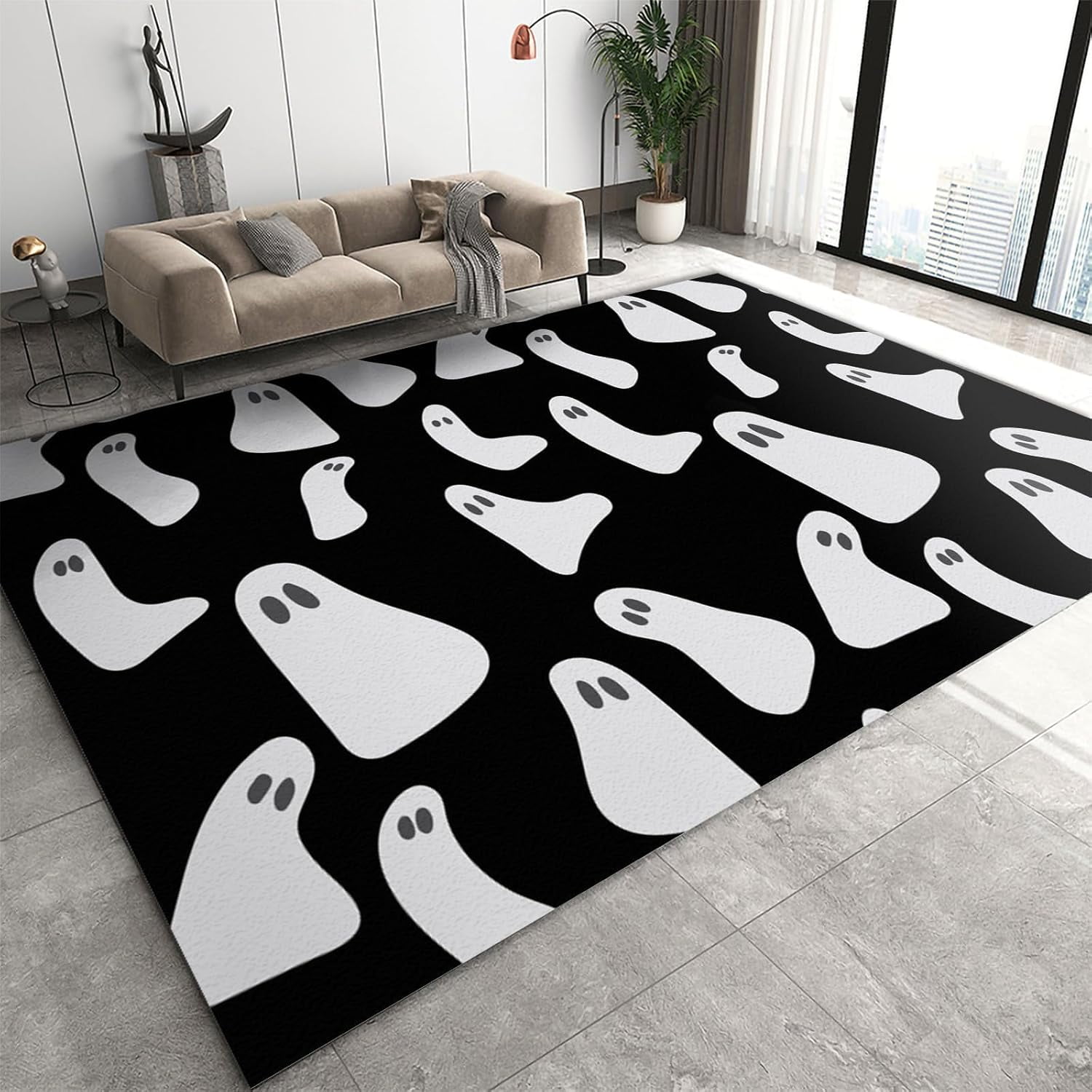 Halloween Theme Area Rug Cartoon Black White Ghost For Living Room Rugs ...