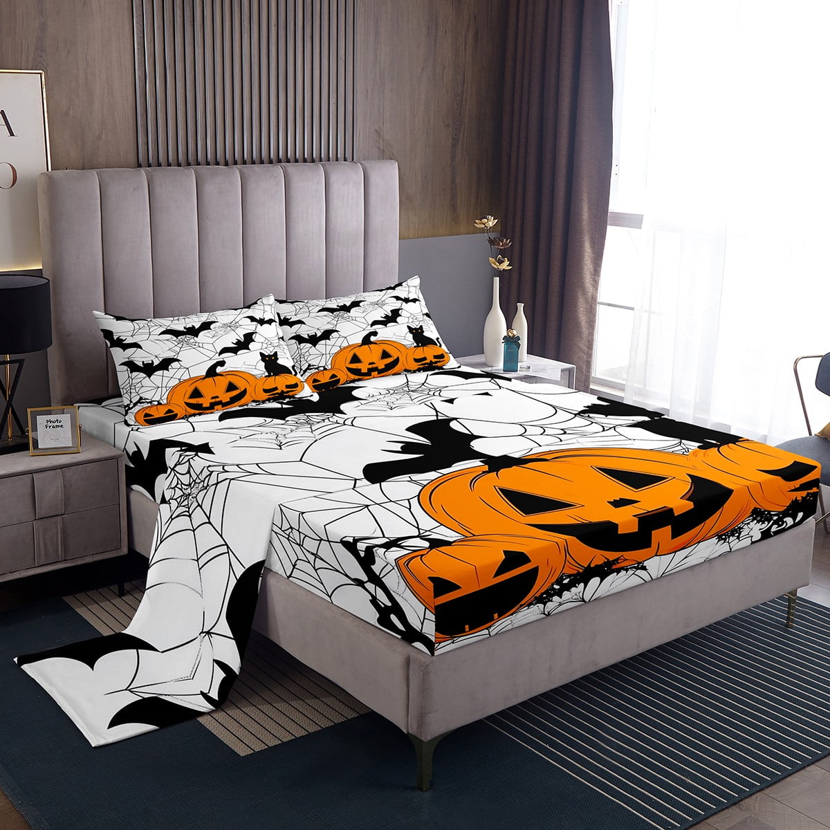 Halloween Theme Bed Sheets King Size,Pumpkin Bats Spider Web Bedding ...