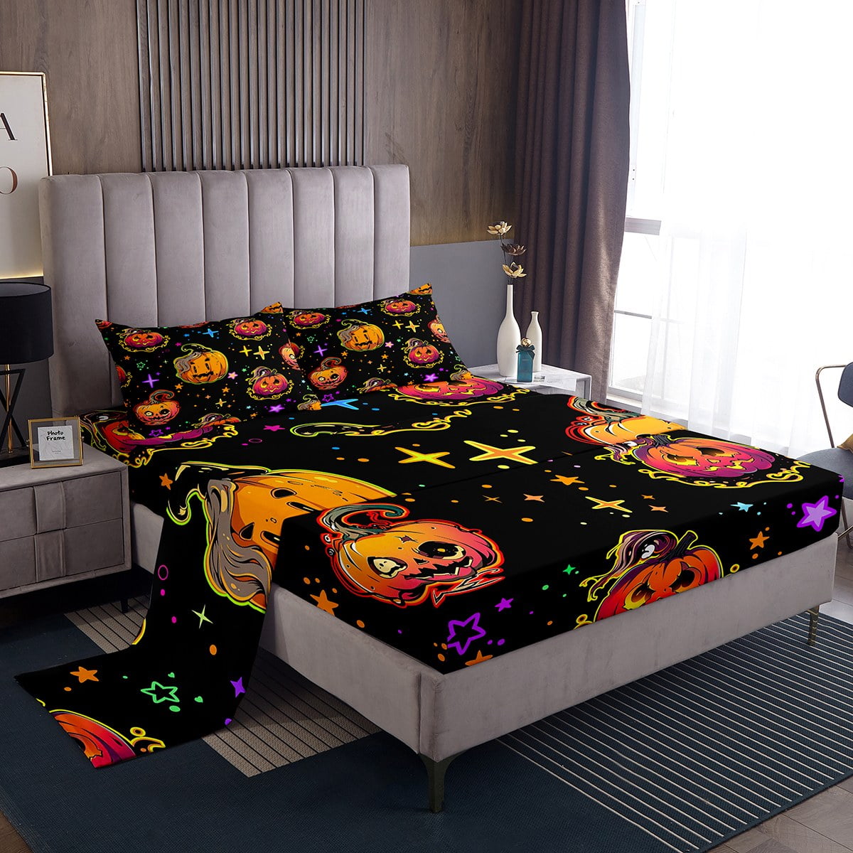 Halloween Theme Bed Sheets Set Cartoon Pumpkins Sheets, Full Size Neon ...