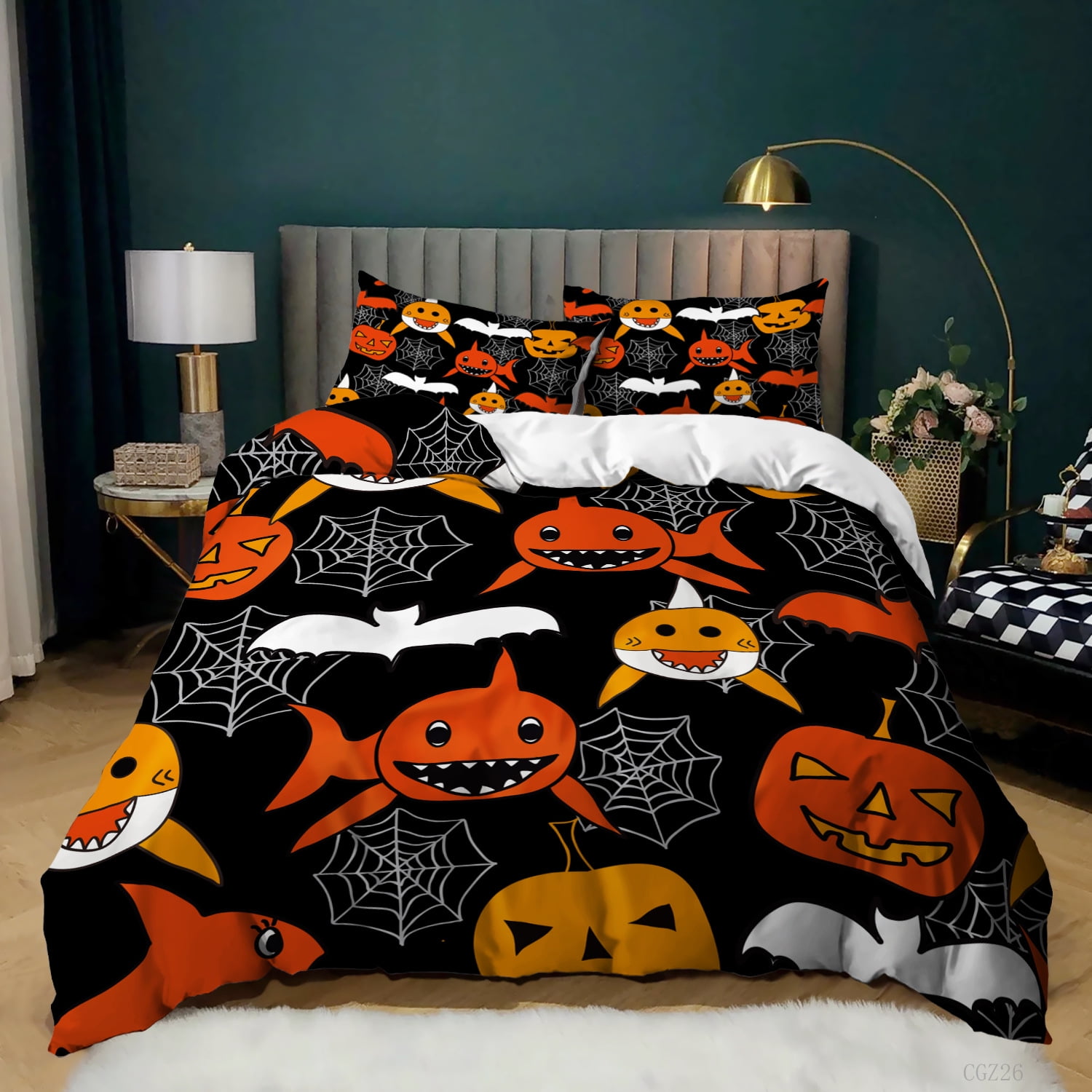 Halloween Theme Bedding Queen Size Pumpkin Jack-O-Lantern Spider Bat 3D ...