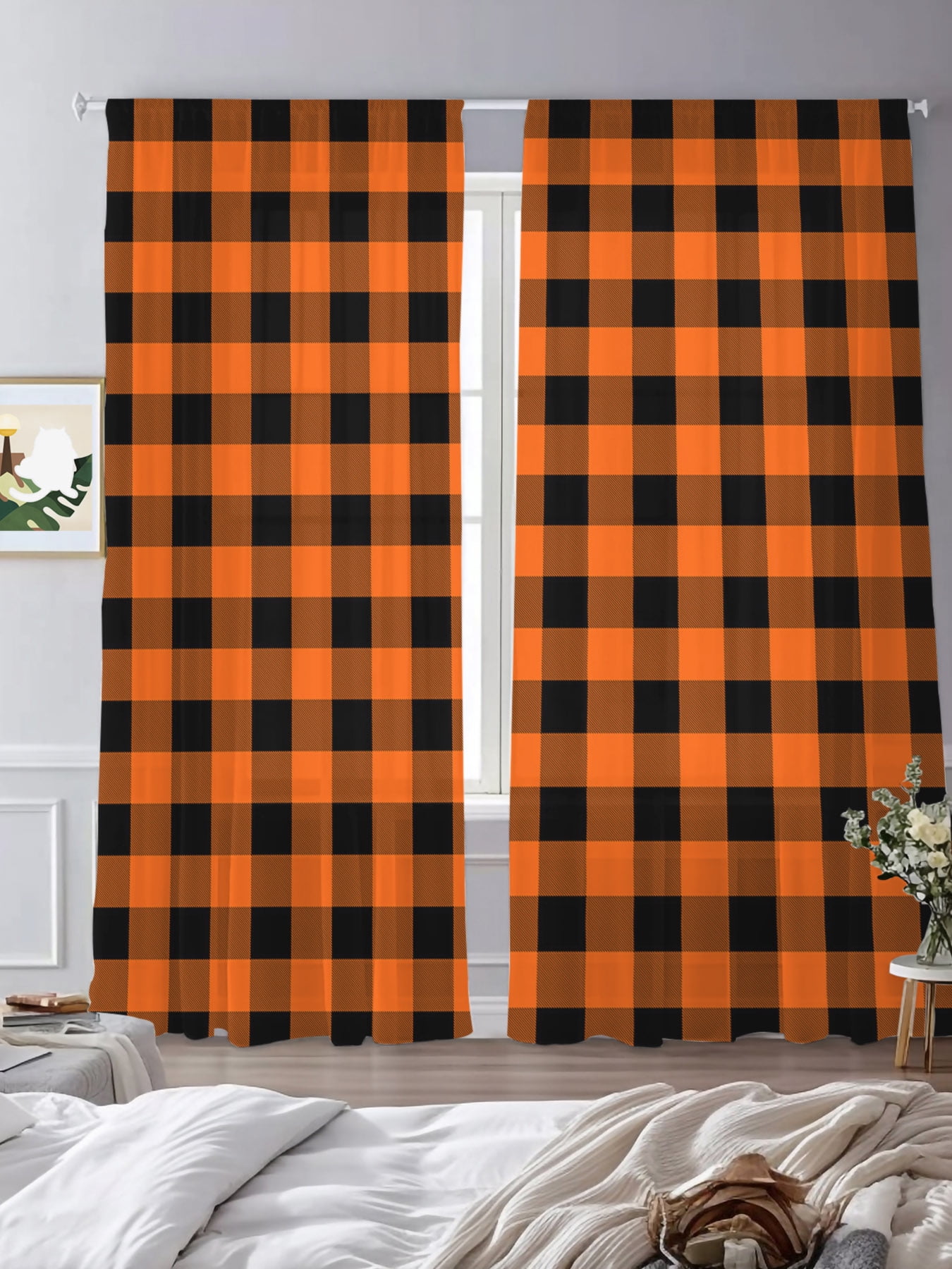 Halloween Theme Buffalo Checkered Sheer Curtains 2 Panels Set Orange ...