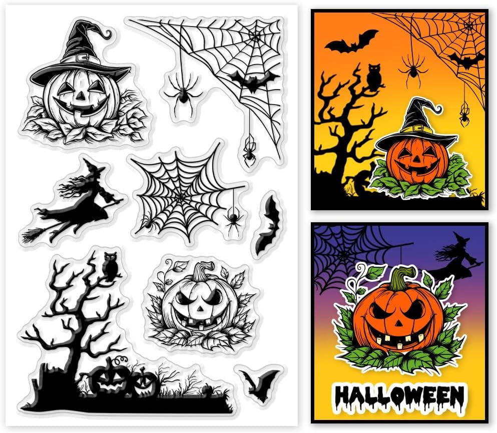 Halloween Theme Clear Stamp Pumpkin Silicone Stamp Spider Web Witch Bat ...