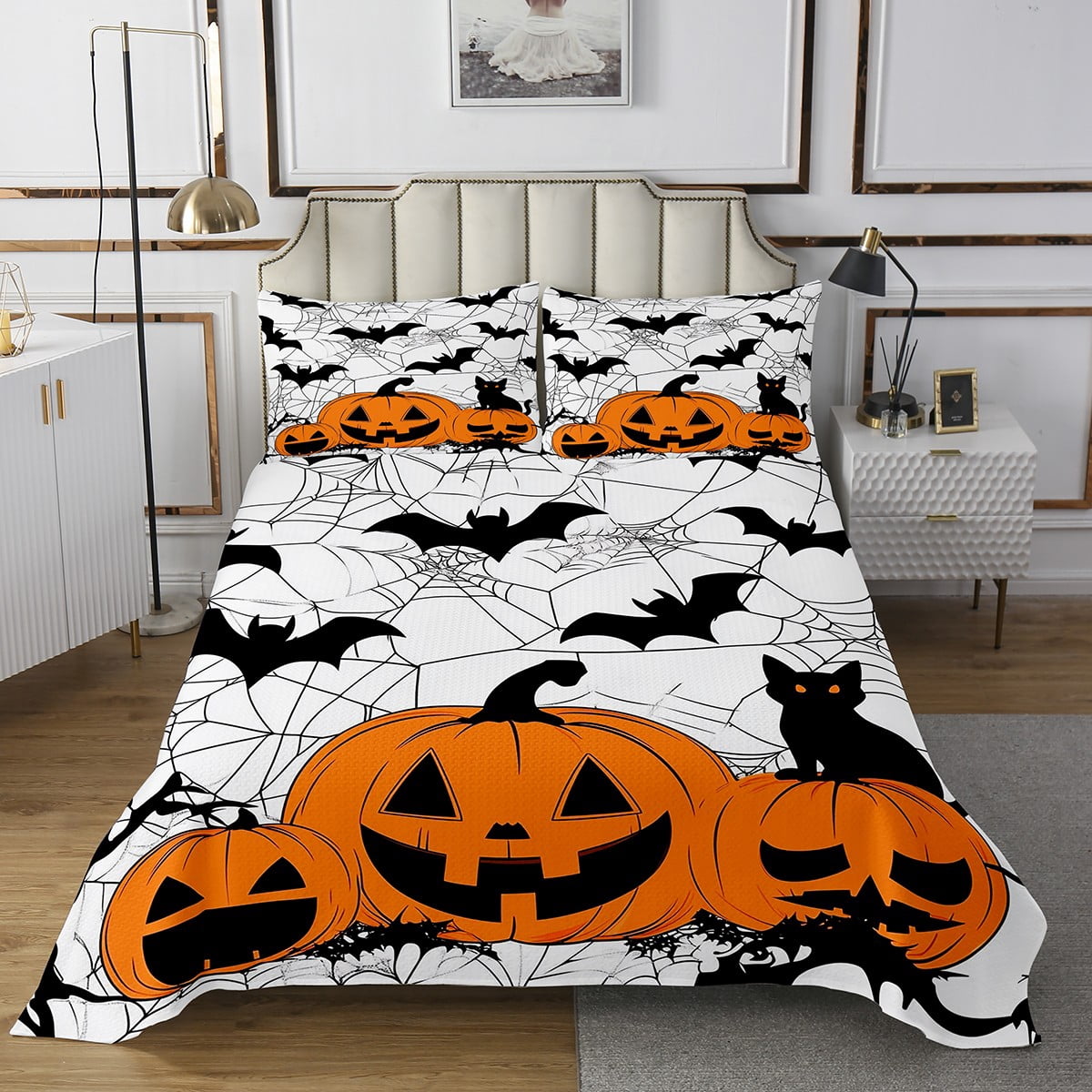 Halloween Theme Quilt Set King Size,Pumpkin Bats Spider Web Coverlet ...