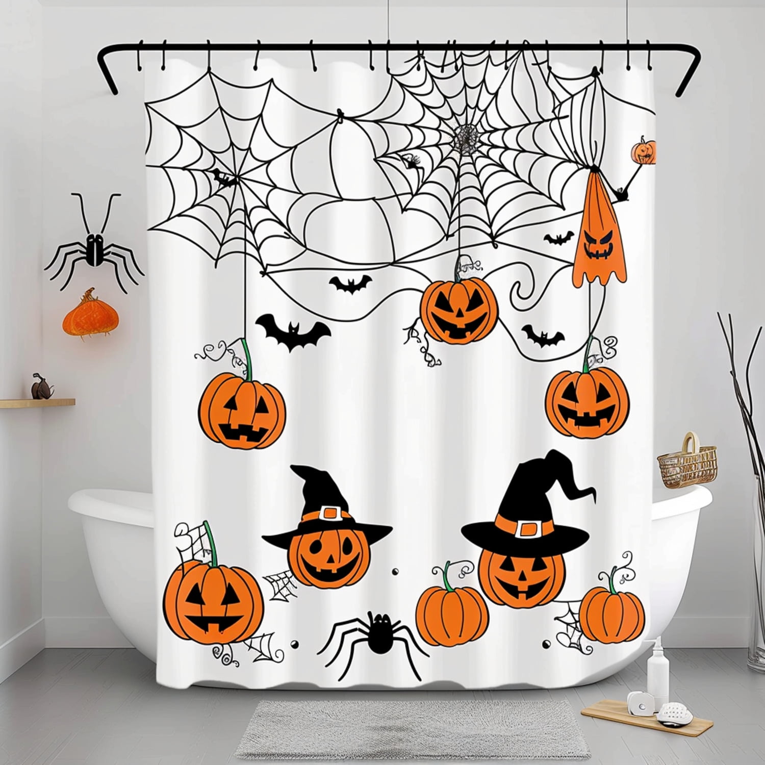 Halloween Themed Bathroom Curtain With Cute Spider Pumpkins And Witch