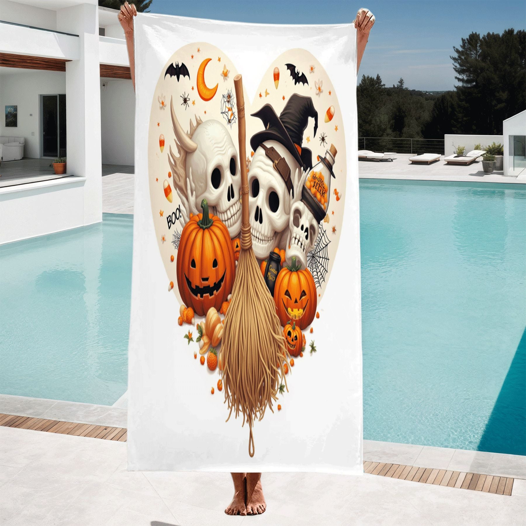 Halloween-Themed Beach Towel: Heart-Shaped Skulls Pumpkins Cauldron ...