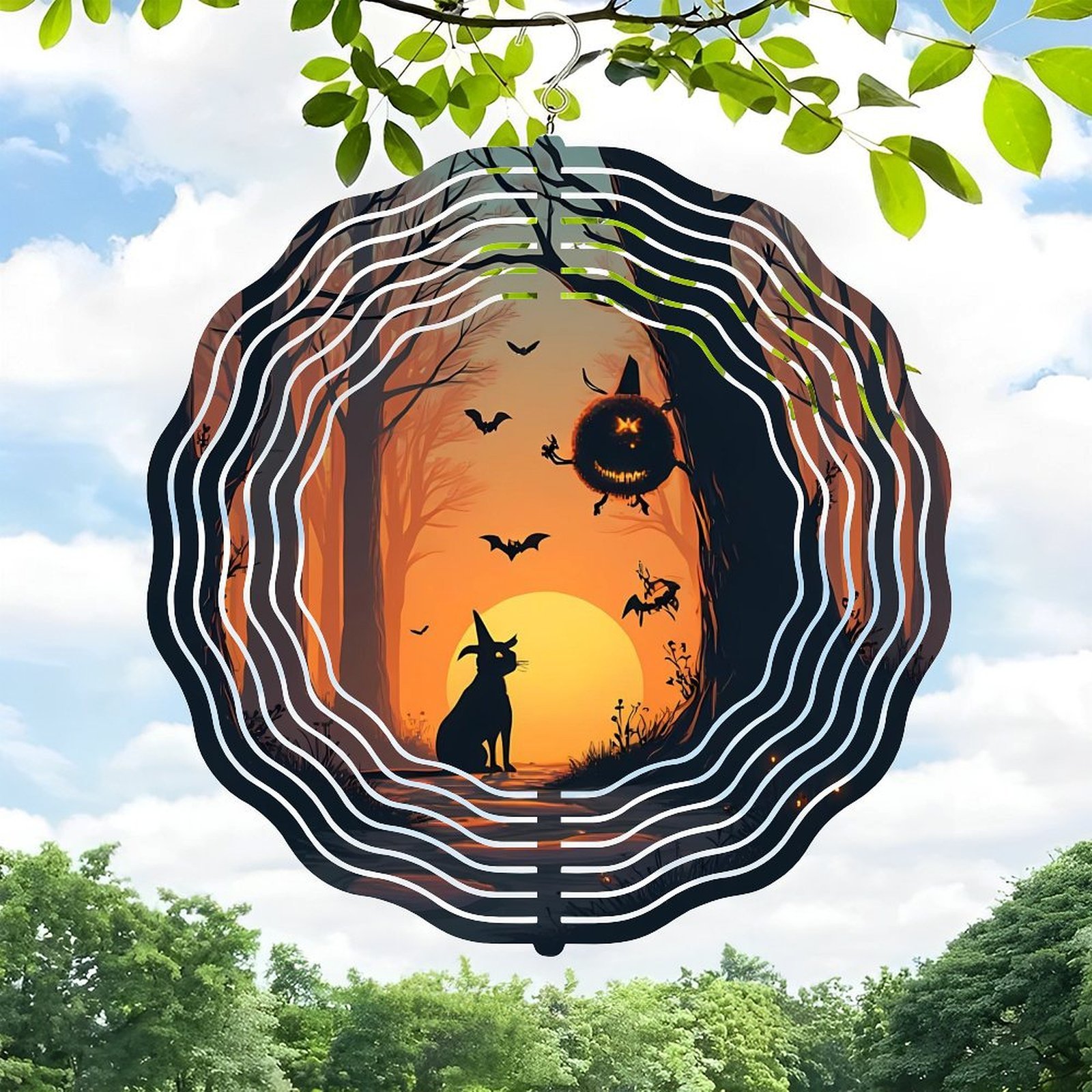 Halloween-Themed Metal Hanging Wind Spinner - Witch Silhouette Carved ...
